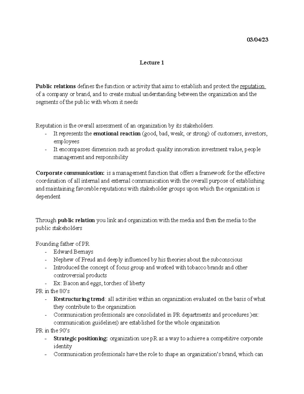 PRMR Lecture 1-5 - 03/04/ Lecture 1 Public relations defines the ...