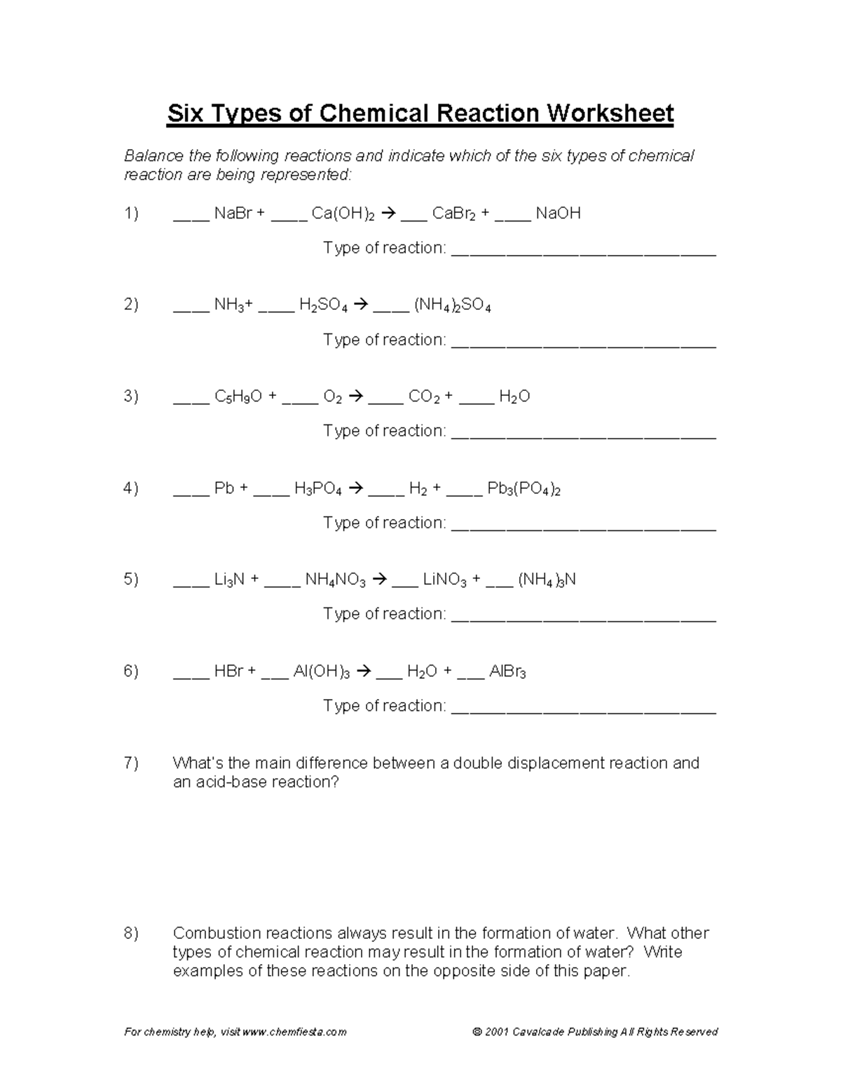 Six Types Of Reactions Worksheet For Chemistry Help Visit Chemfiesta