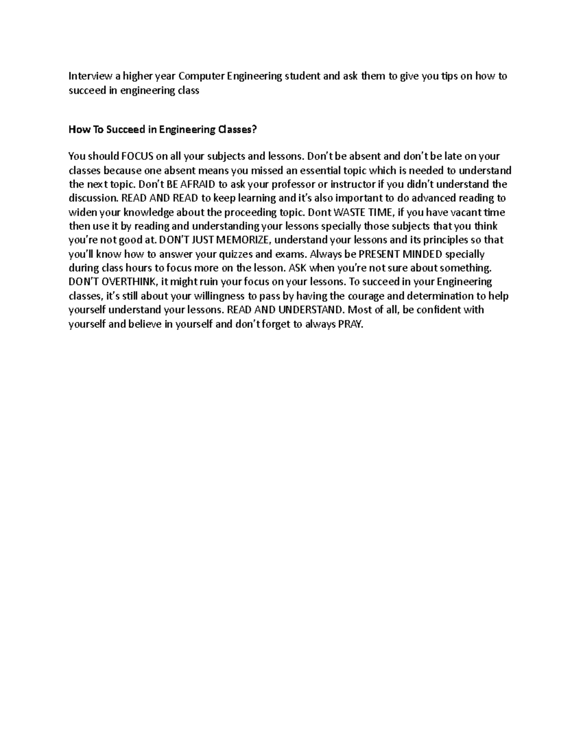 Module 3 - How To Succeed in Engineering Classes? - Interview a higher ...