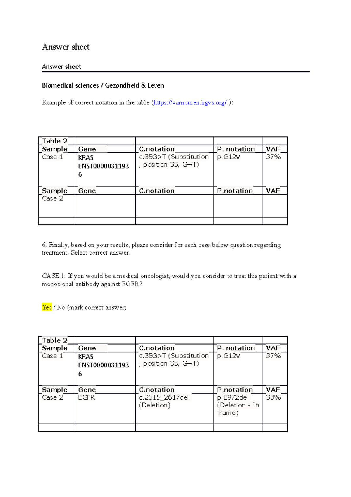 Answer sheet - Antwoorden op het CPR - Answer sheet Answer sheet ...