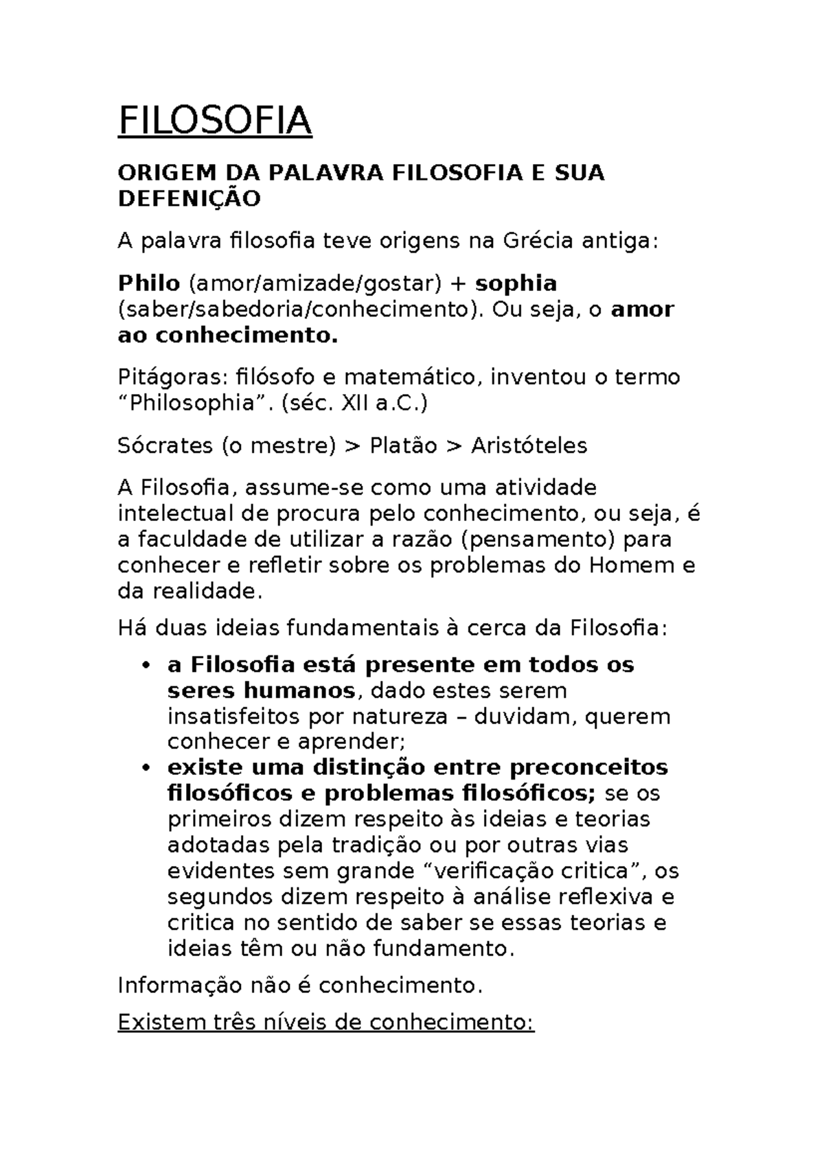 Filosofia resumo 1 - FILOSOFIA ORIGEM DA PALAVRA FILOSOFIA E SUA ...