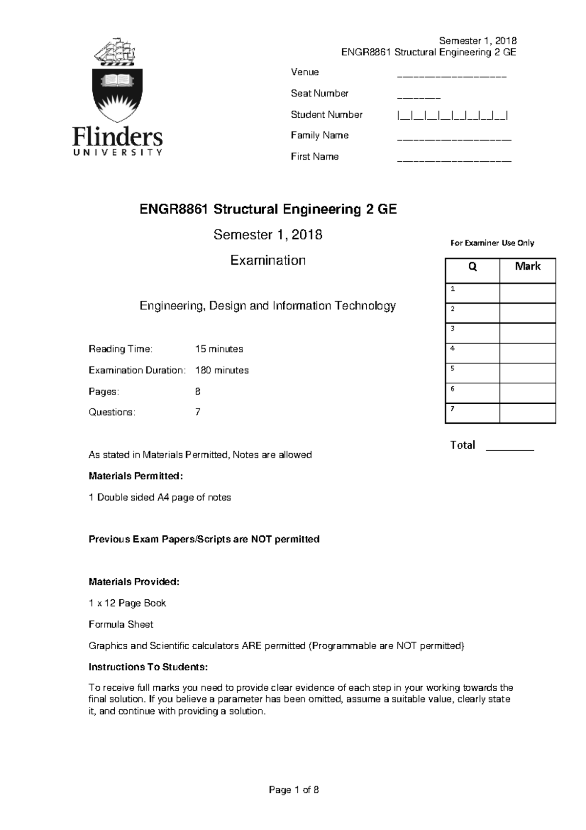 Exam- Structural Engineering 2 GE - ENGR8861 Structural Engineering 2 ...