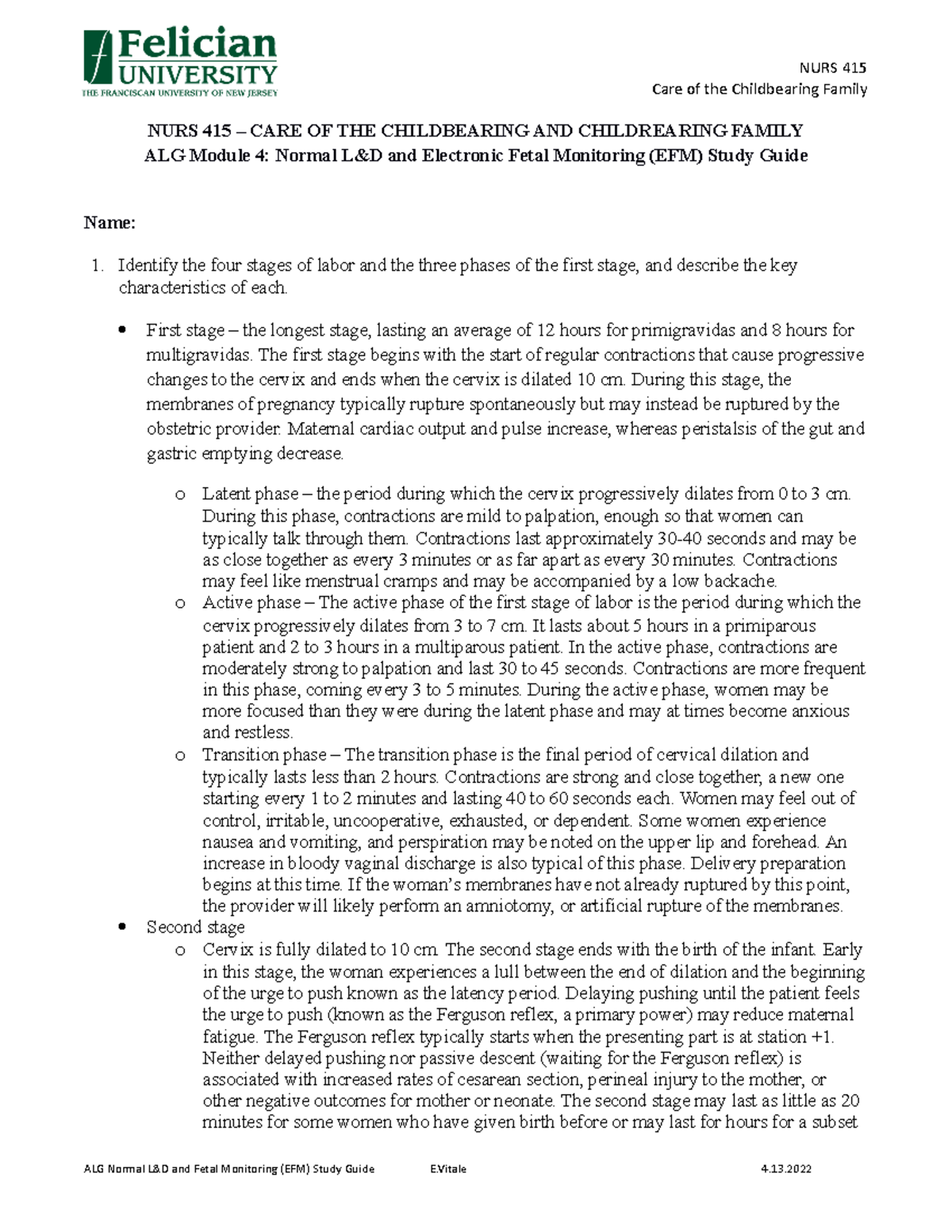 Active Learning Guide - Module 4 - Care of the Childbearing Family NURS ...