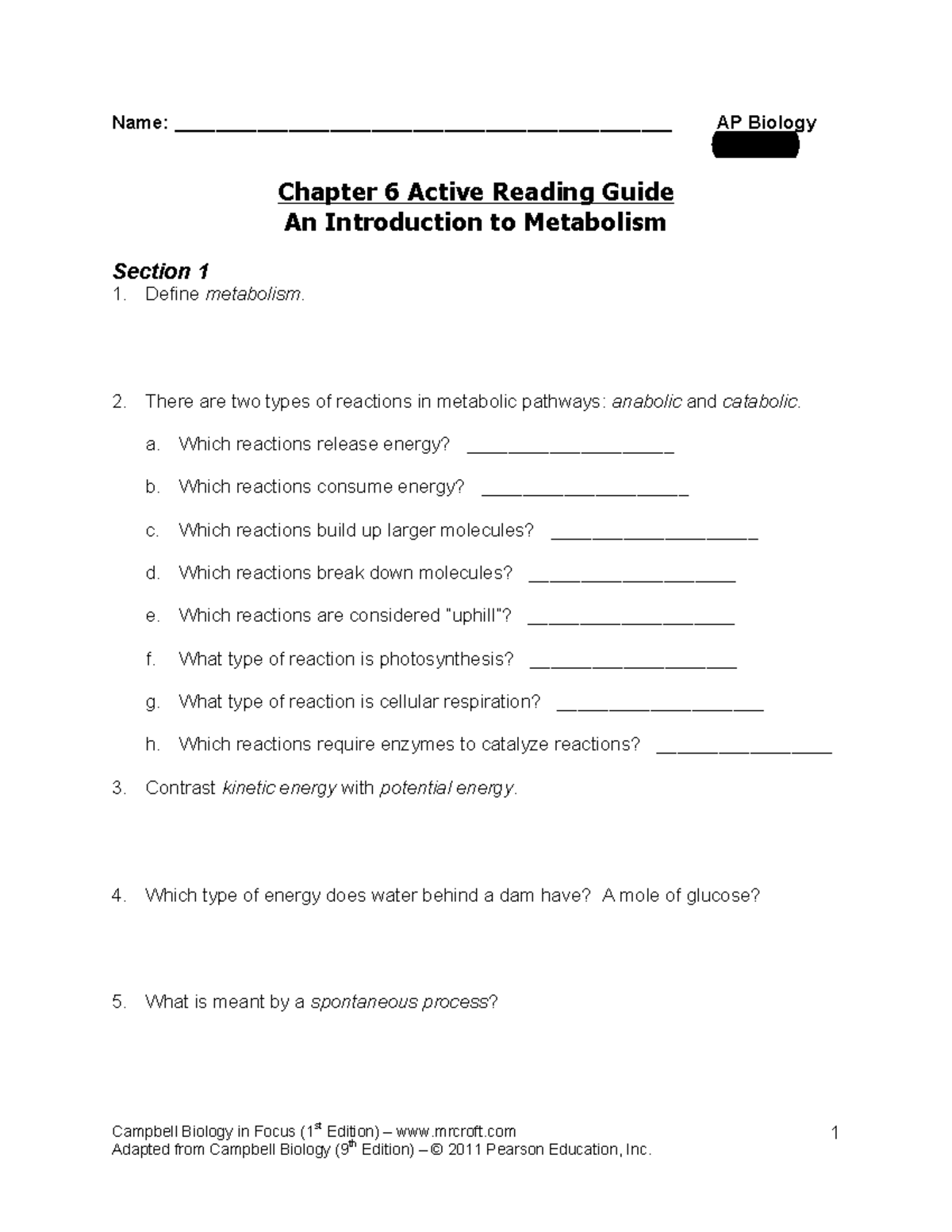 Chapter 6 Active Reading Guide - Campbell Biology in Focus (1 st ...