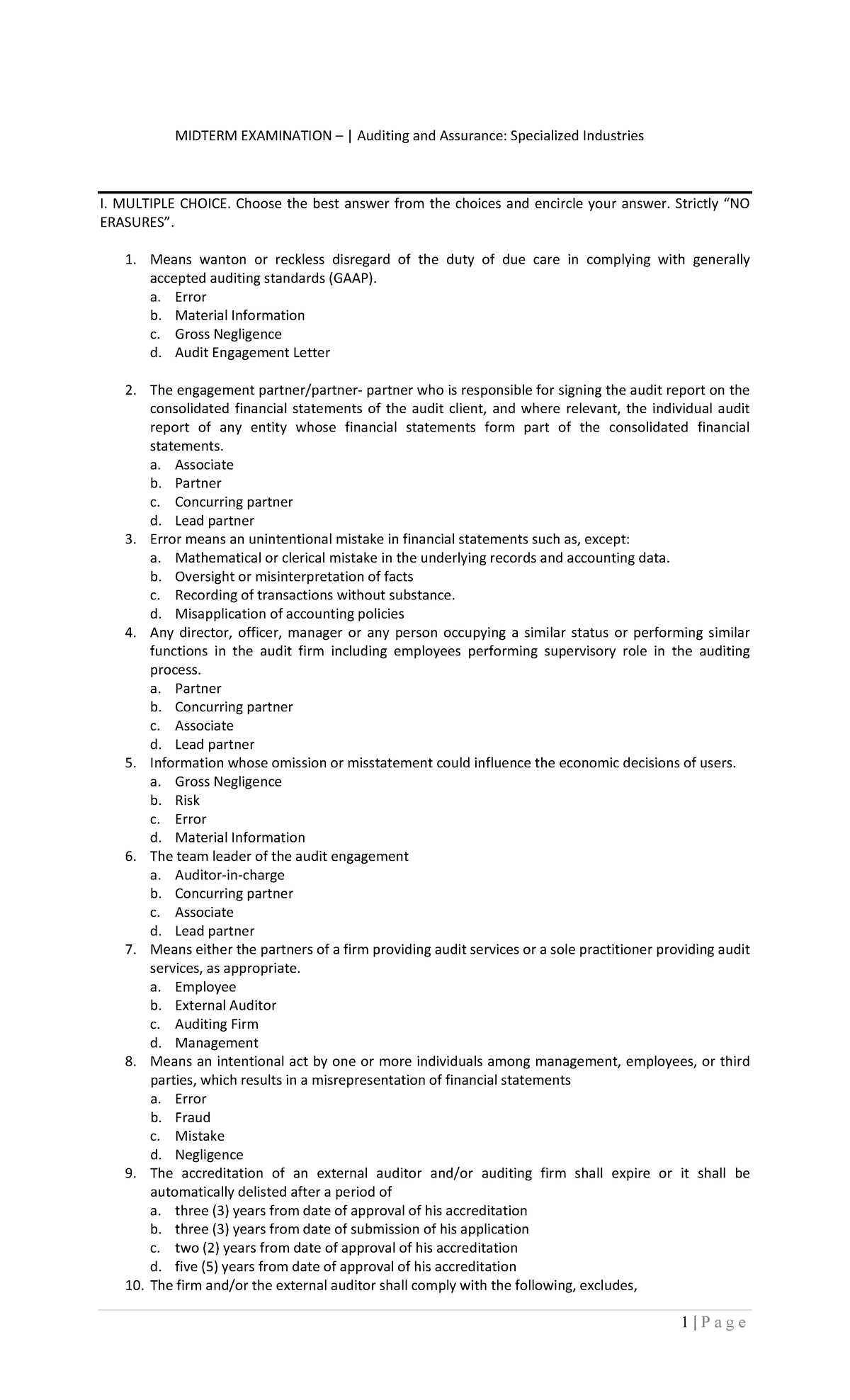 Midterm exam on auditing in a Specialized-Industries a sample exam ...
