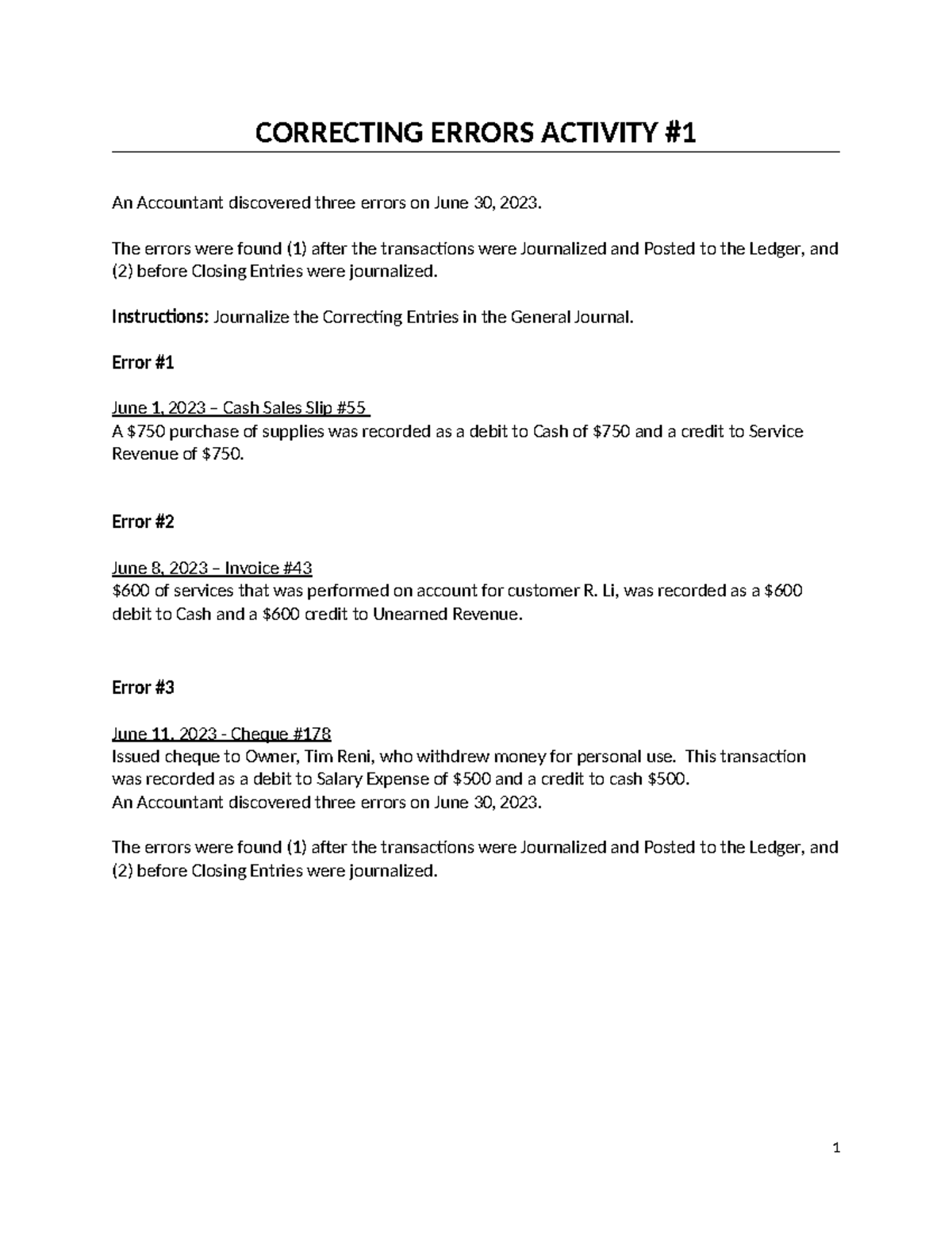 14.0 - Correcting Errors Activity #1 - Copy 4 - CORRECTING ERRORS ACTIVITY An Accountant ...