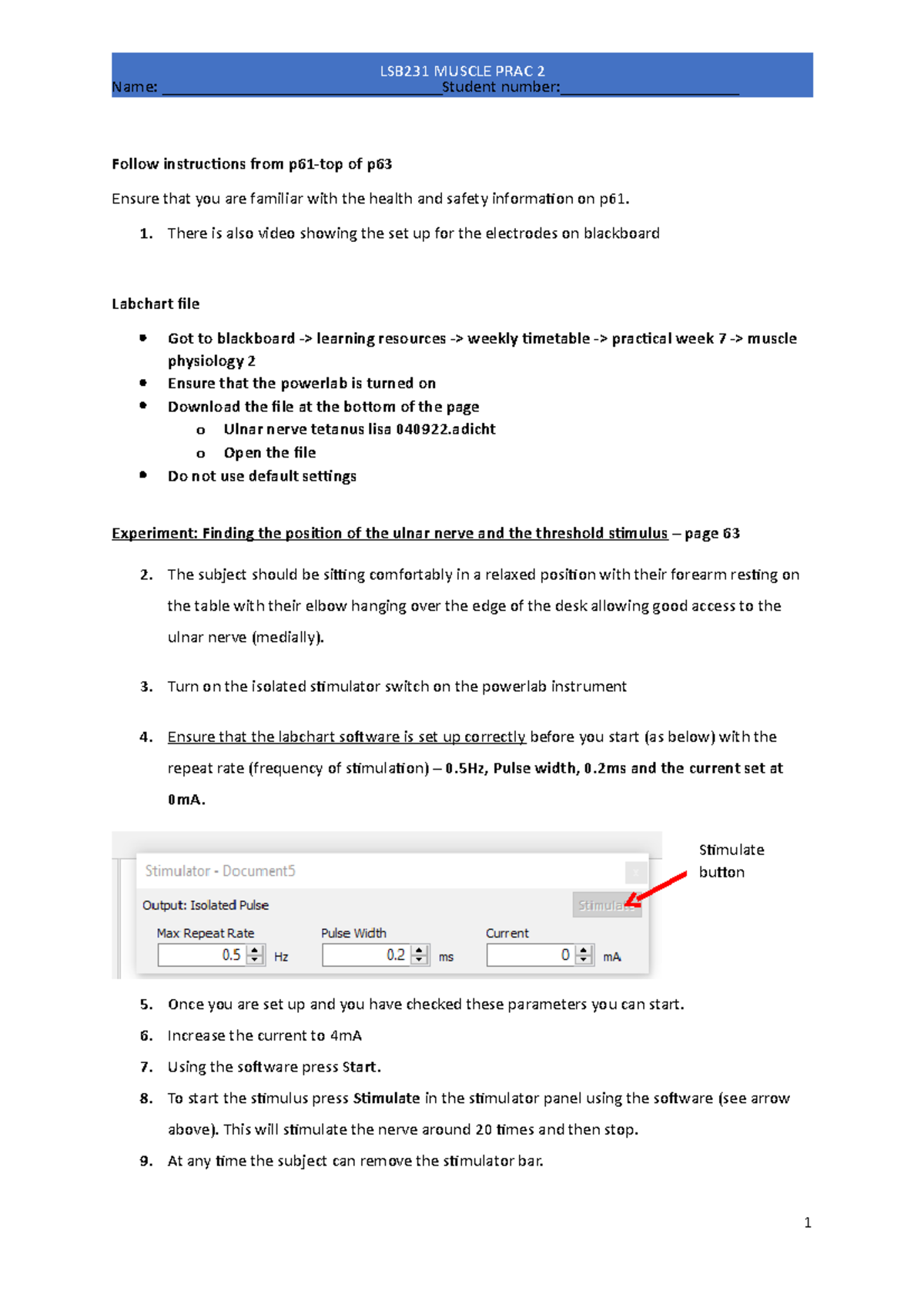 LSB231 Muscle prac 2 handout - Name: ____________Student number: Follow instructions from p61 ...