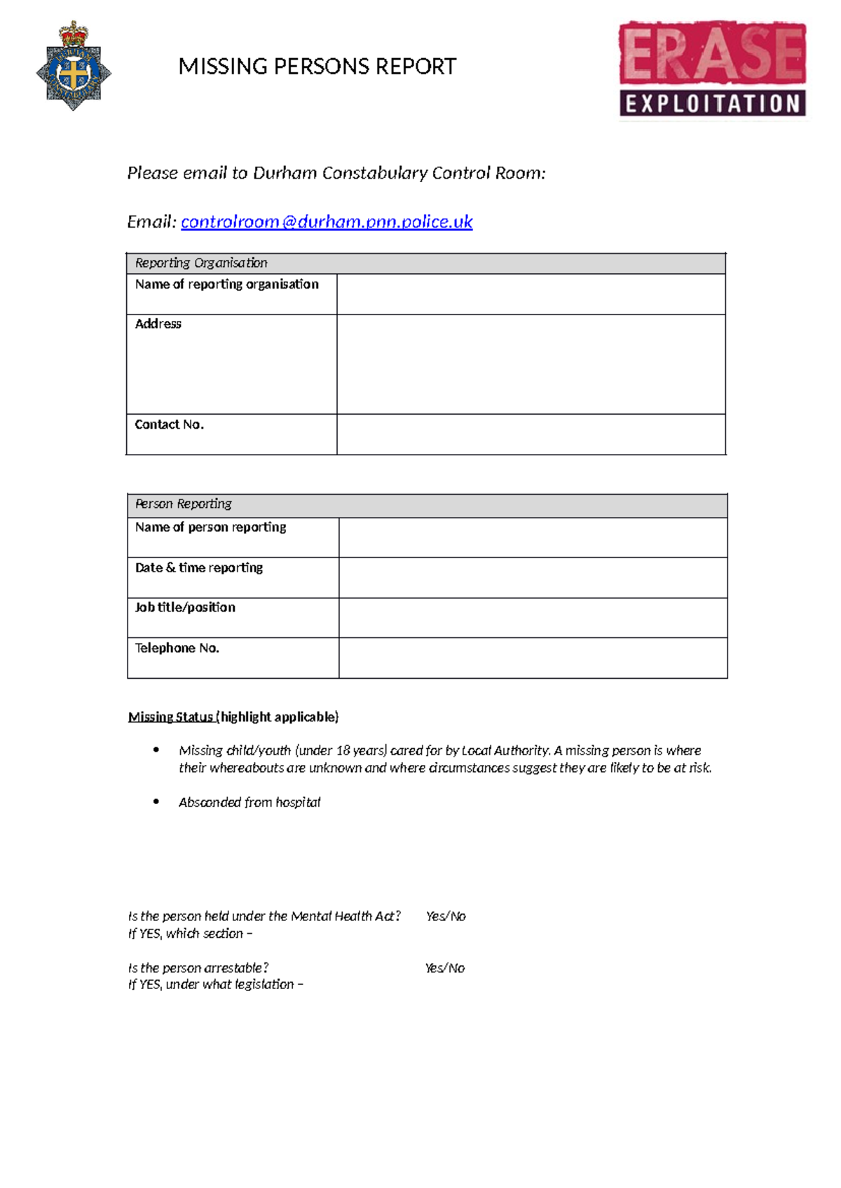 Descriptive Missing Report Form - Please email to Durham Constabulary ...
