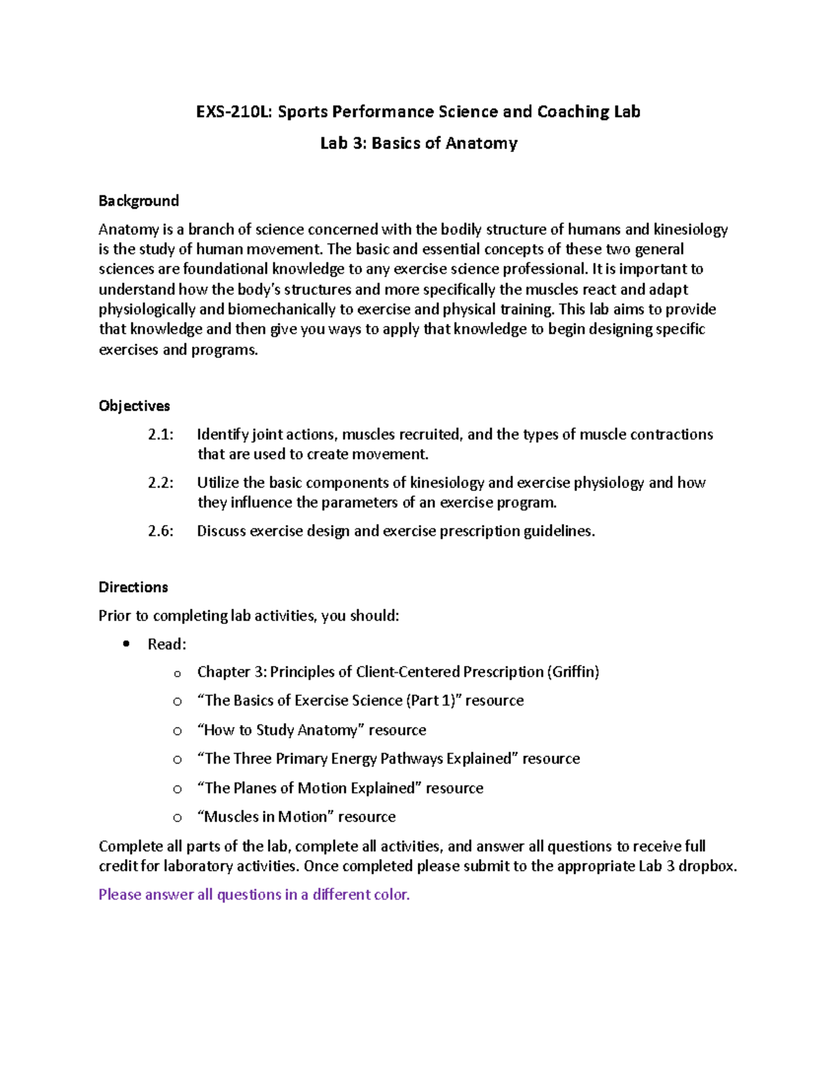 EXS 210 L - Lab 3 - Basics of Anatomy - EXS-210L: Sports Performance ...