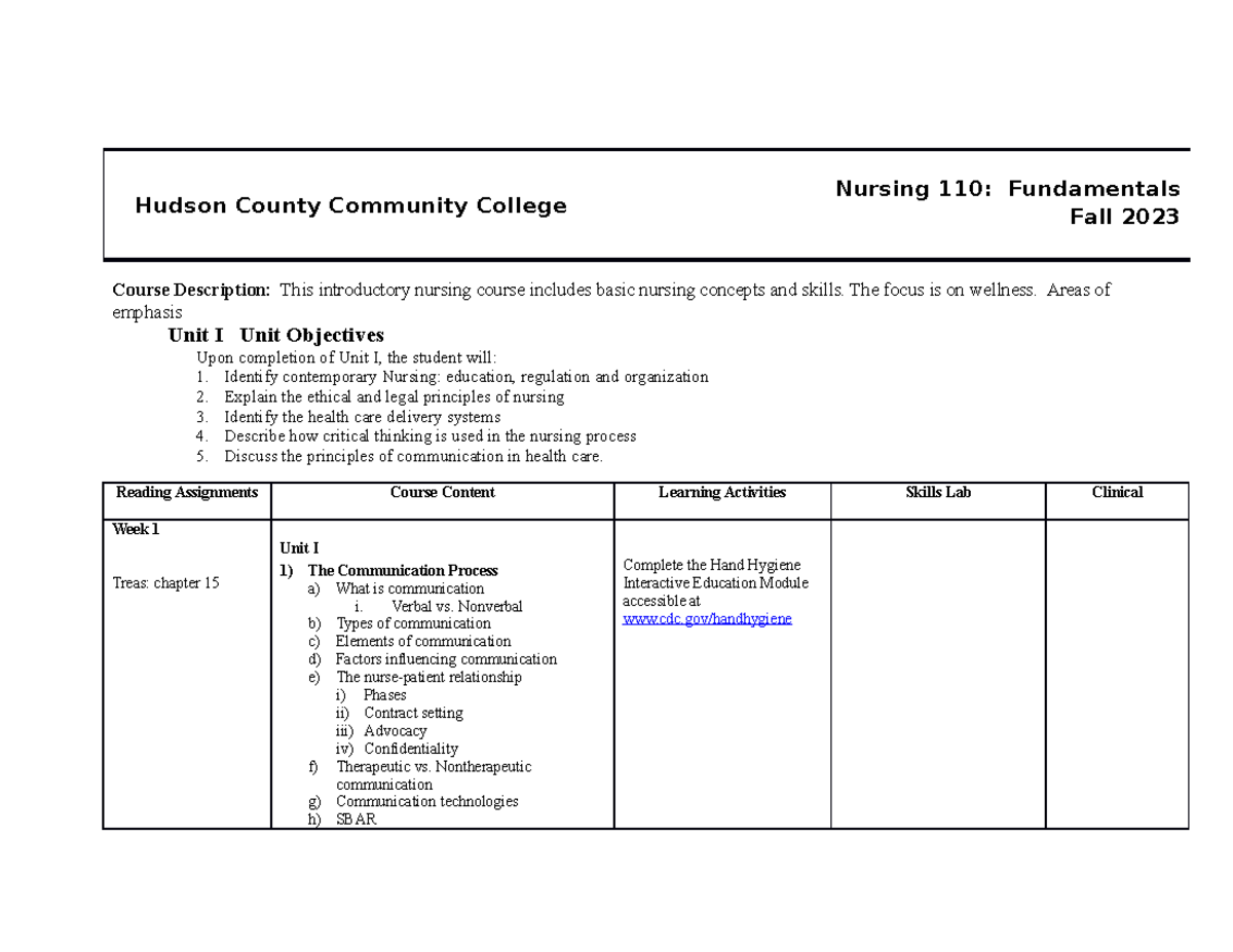 NSG110 Syllabus FALL 2023 - Hudson County Community College Nursing 110 ...