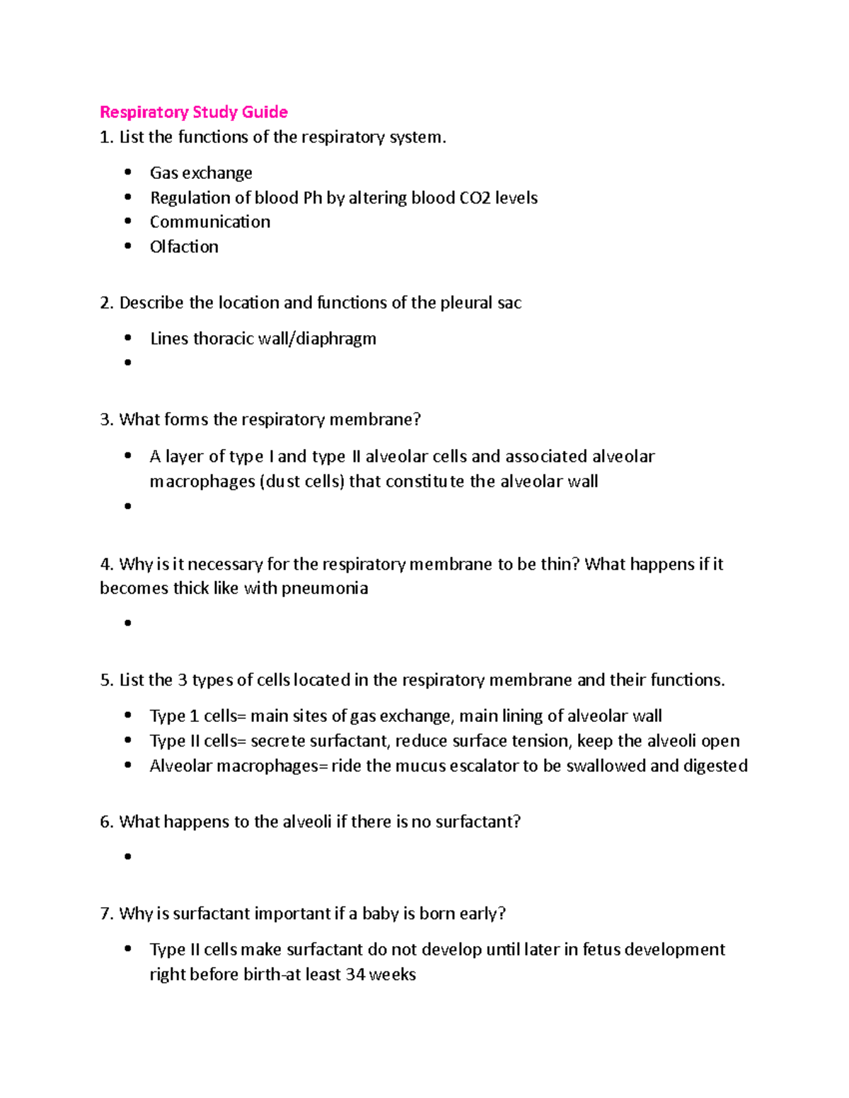 Respiratory study guide - Respiratory Study Guide List the functions of ...