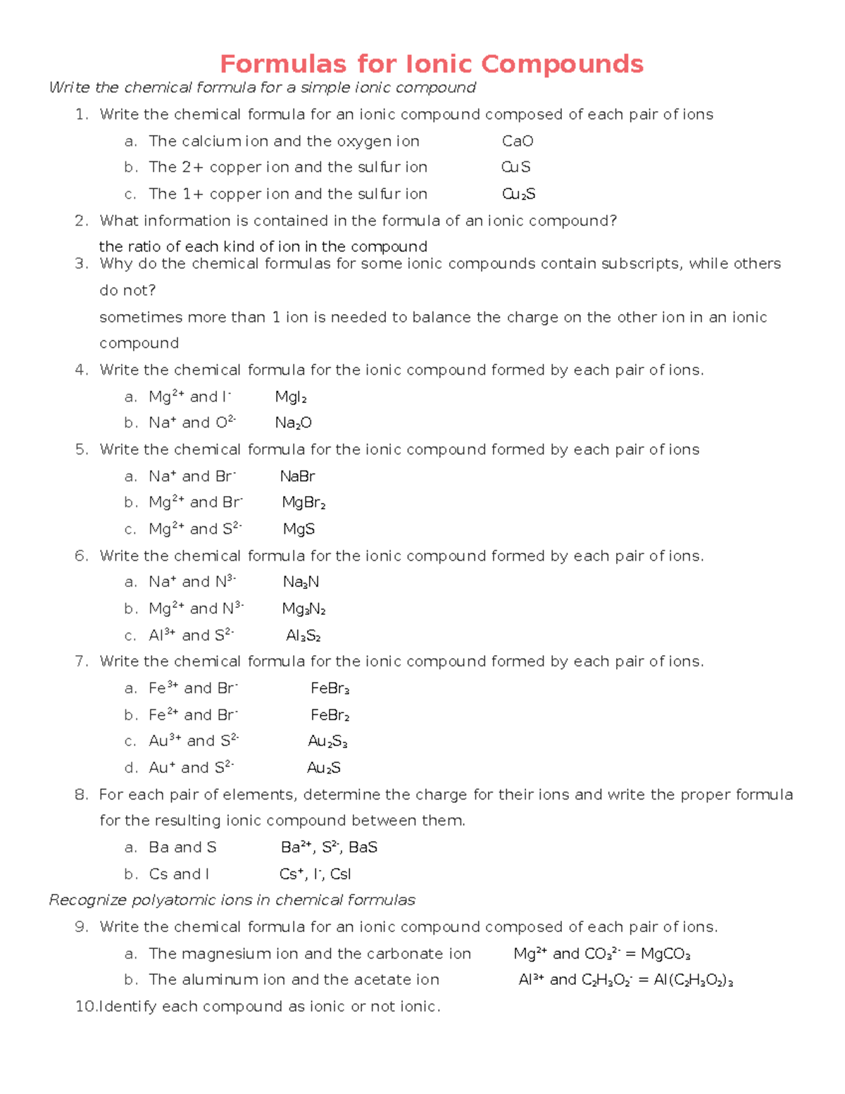 Section 3.3 Worksheet - class practice assignment - Formulas for Ionic ...