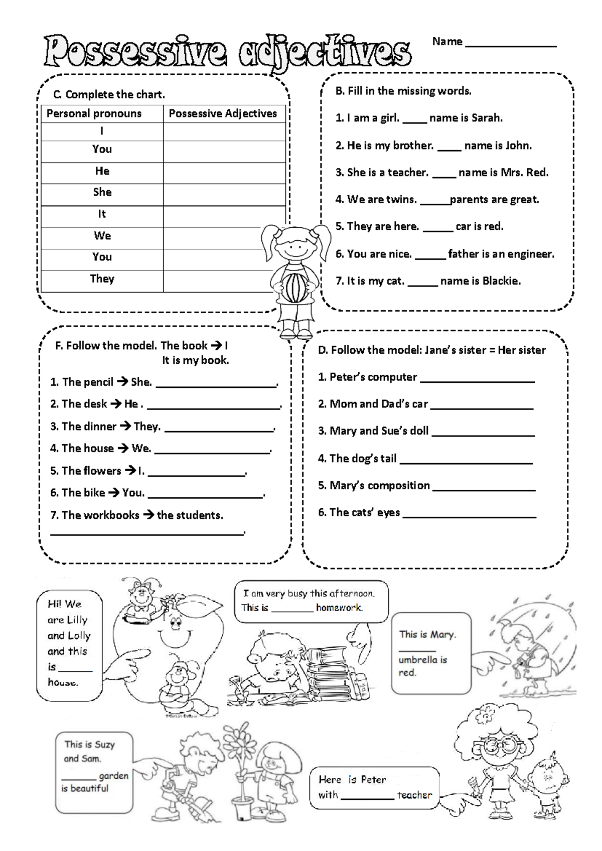 Possessive adjectives - C. Complete the chart. B. Fill in the missing ...