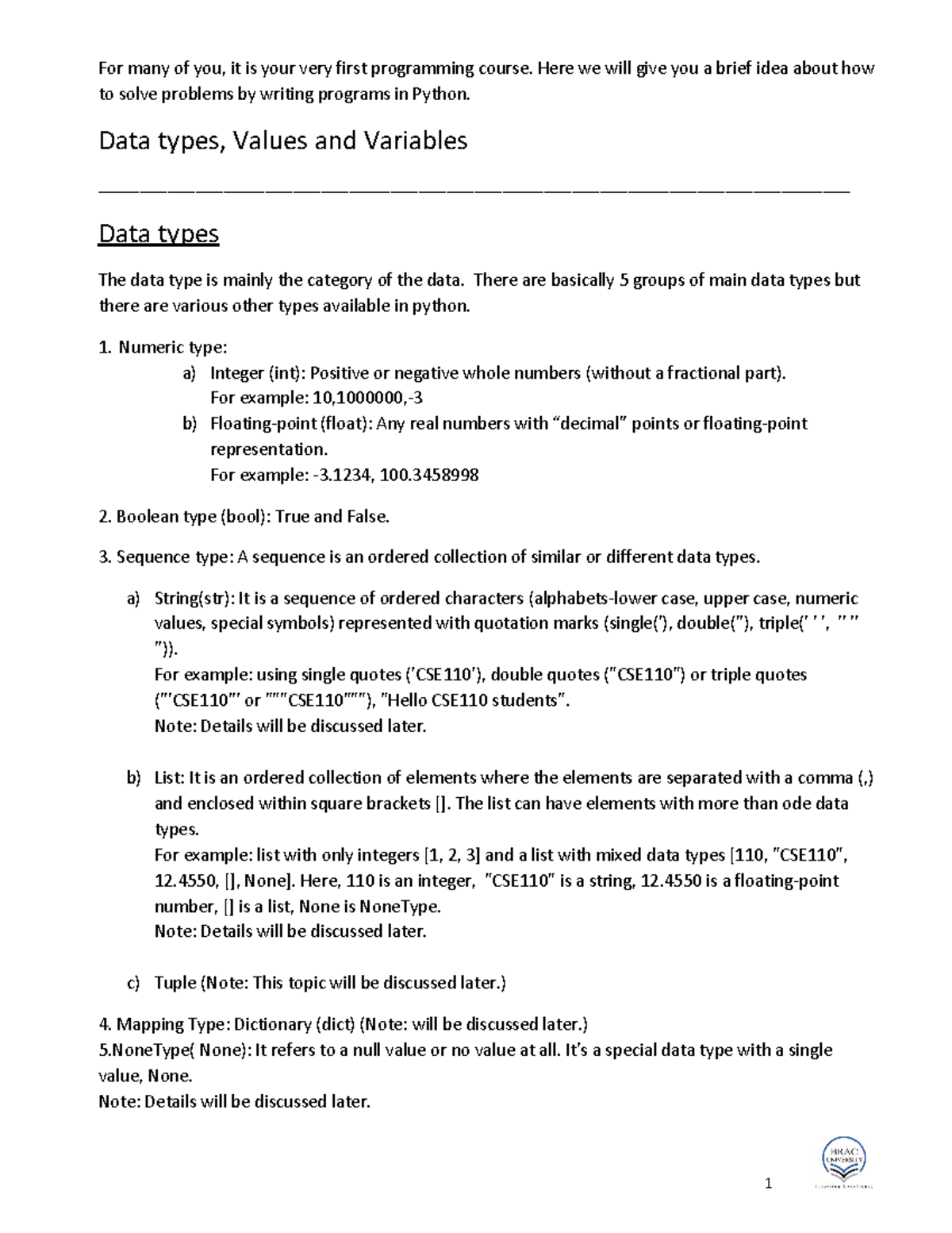 01 Python Basics - CSE110 - For many of you, it is your very first ...