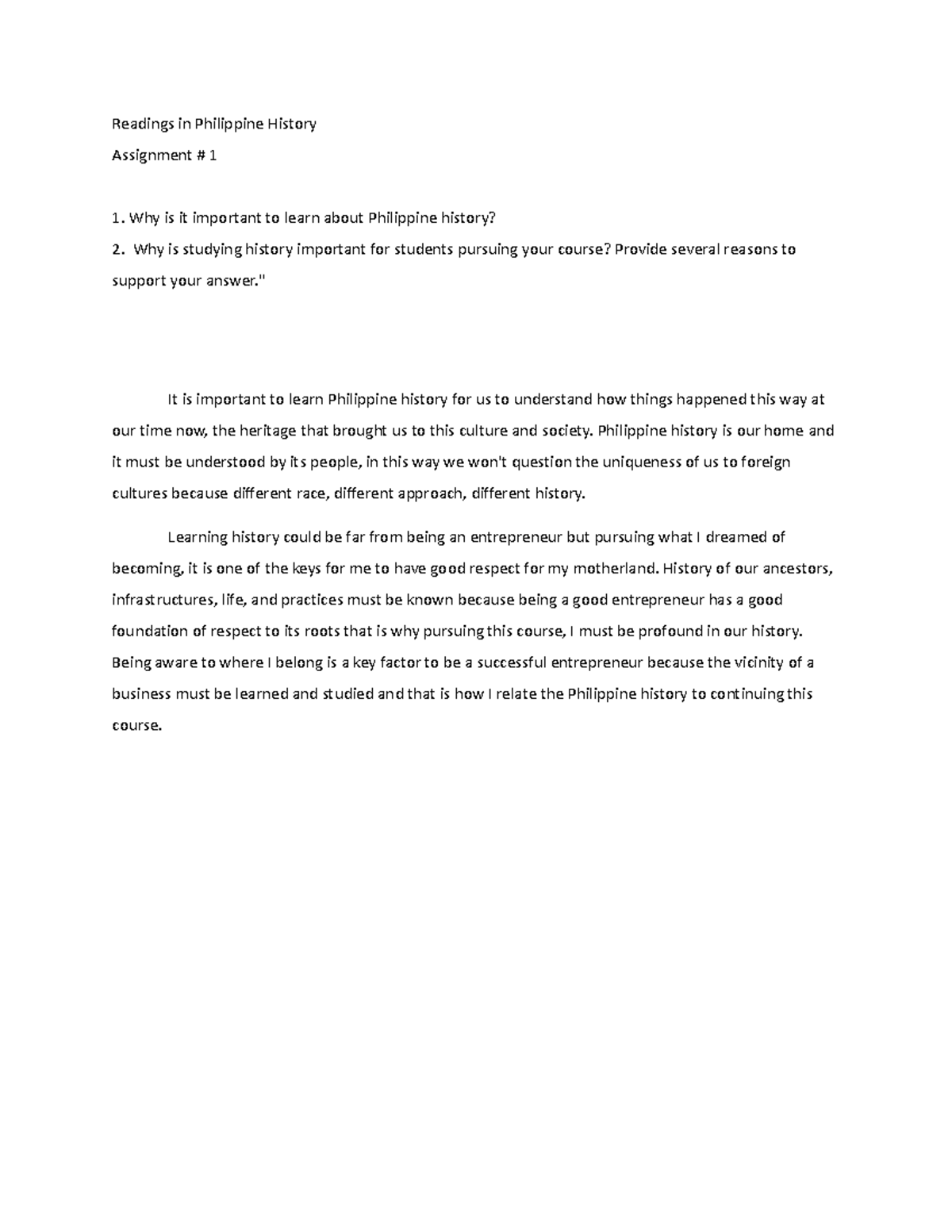 RIPH-Ass1 - ASSIGNMENT RIPH - Readings in Philippine History Assignment ...