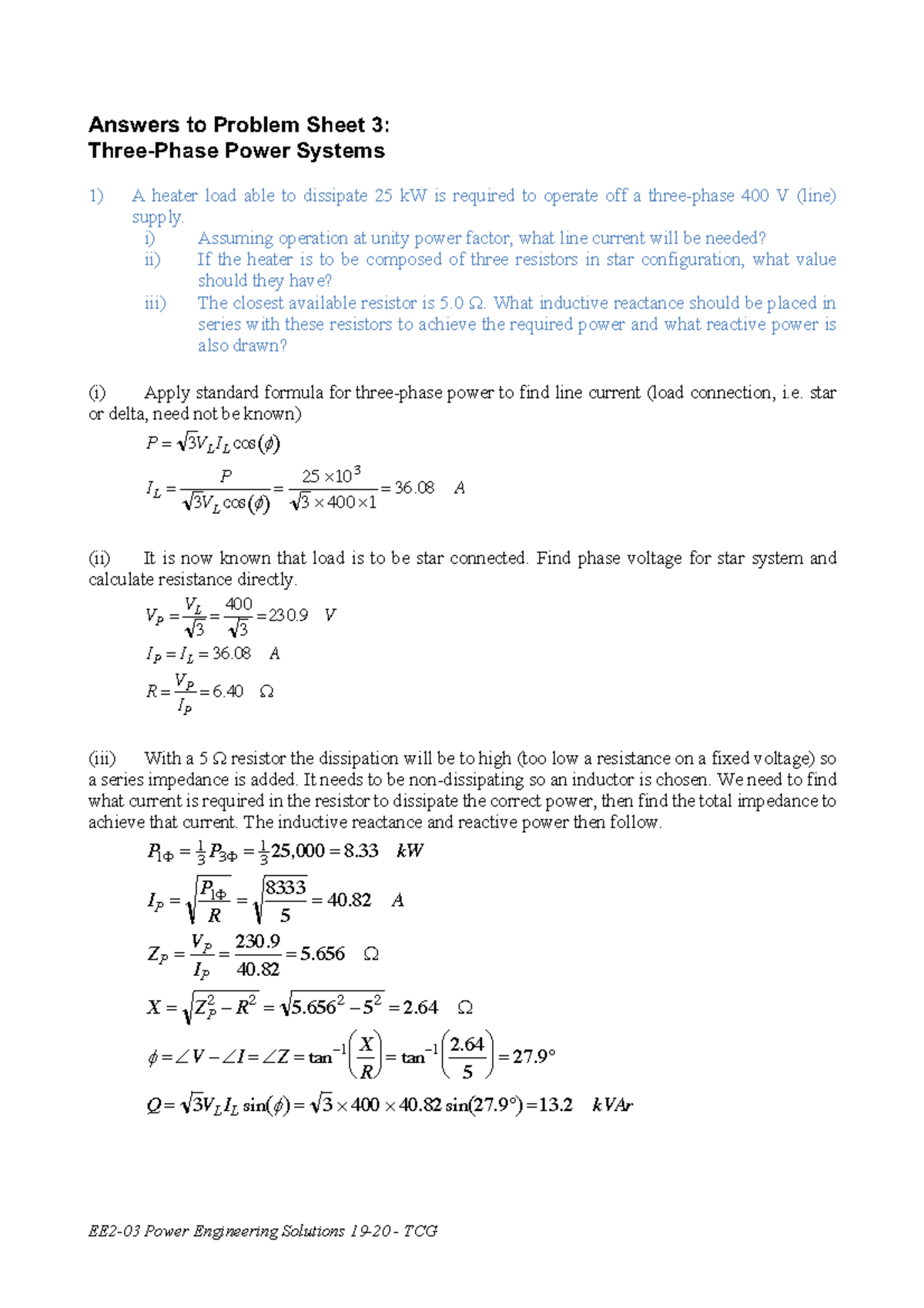 Sheet 3 - Three-phase Power - Answers to Problem Sheet 3: Three-Phase ...