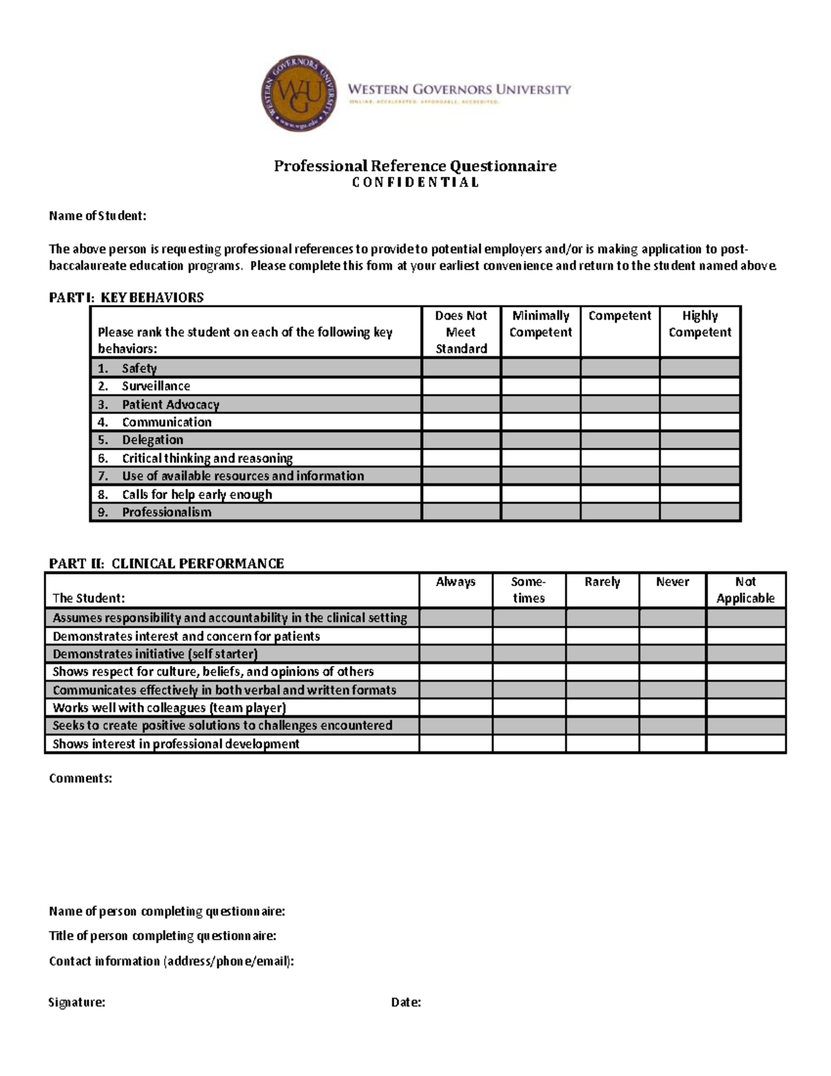 The Professional Reference Questionnaire for course C493 - Professional ...