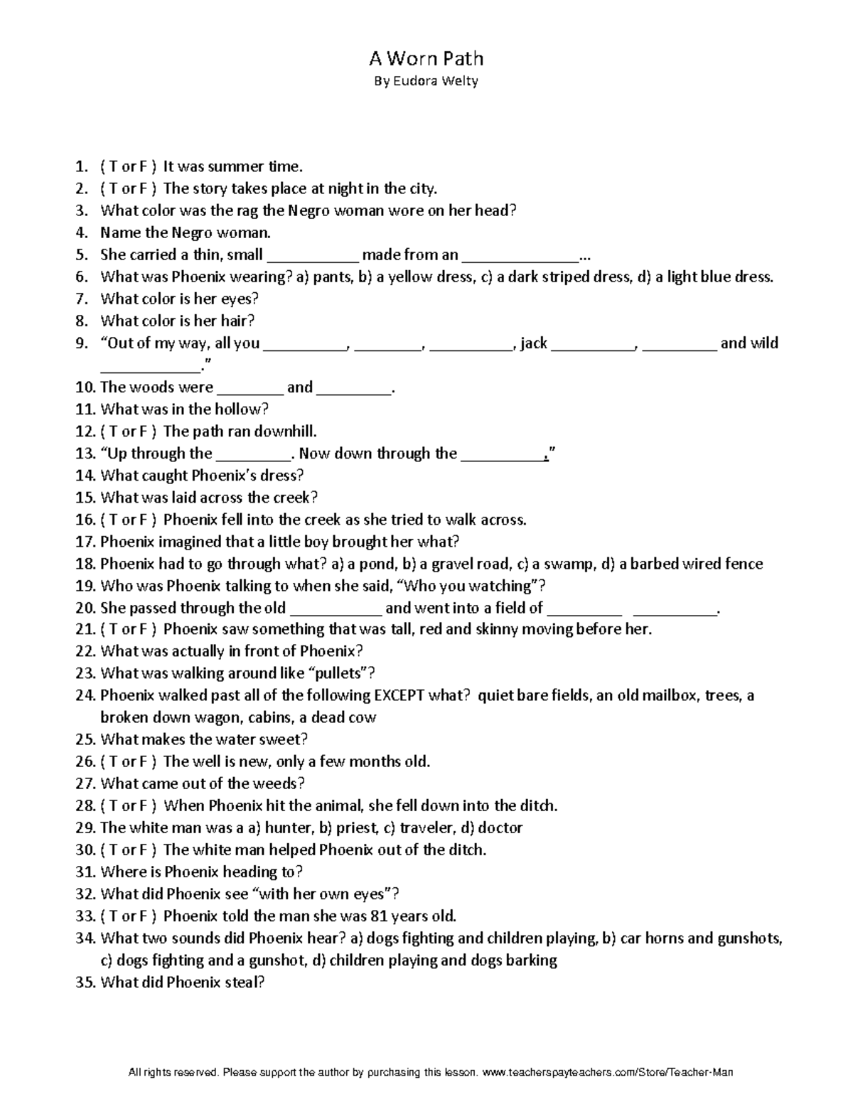 AWorn Pathby Eudora Welty Complete Guided Reading Worksheet-1 - A Worn ...