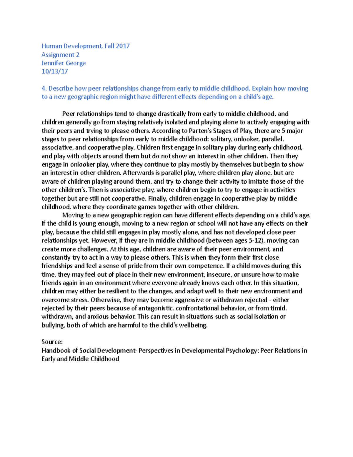 Assignment 2 - Grade: 100 - Human Development, Fall 2017 Assignment 2 ...
