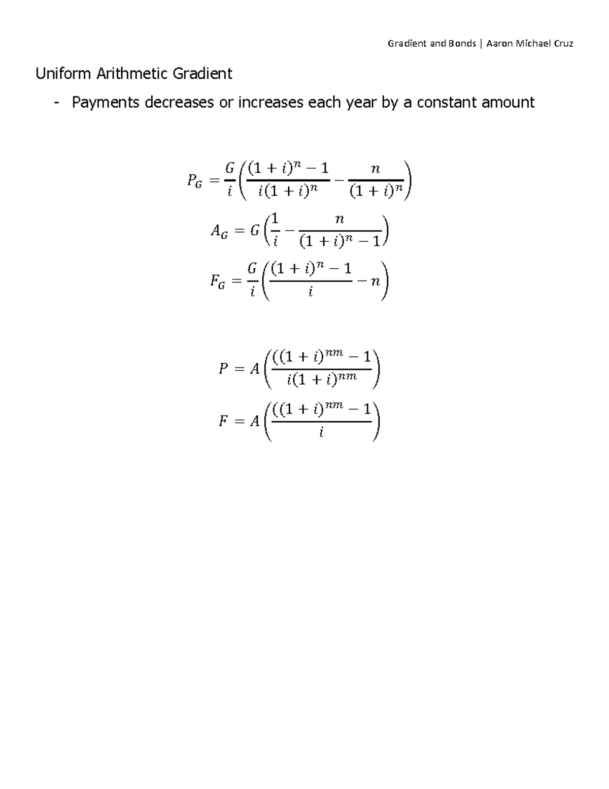 Gradient and Bonds - Uniform Arithmetic Gradient Payments decreases or ...