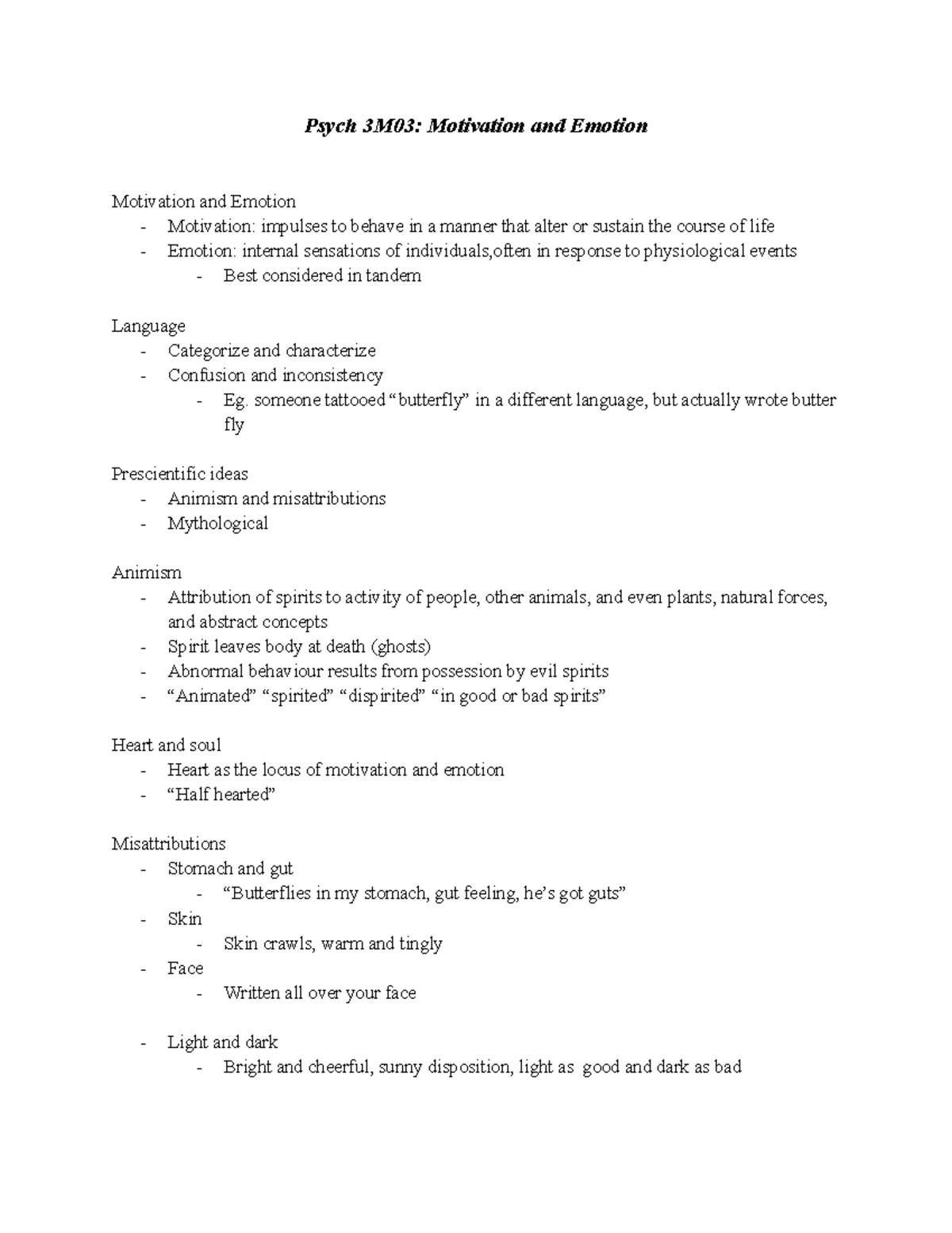 Psych 3M03 - 3m03 notes - Psych 3M03: Motivation and Emotion Motivation ...