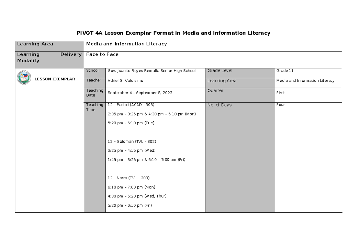 MIL LE W1 - PIVOT 4A Lesson Exemplar Format in Media and Information Literacy Learning Area ...