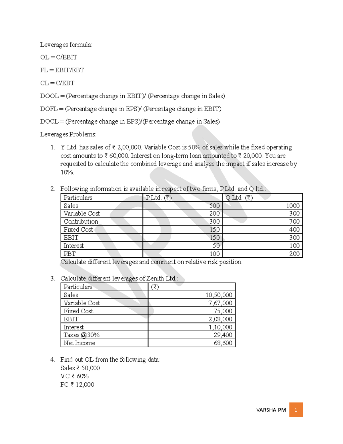 Leverages Problems - Leverages formula: OL = C/EBIT FL = EBIT/EBT CL = C/EBT DOOL = (Percentage ...