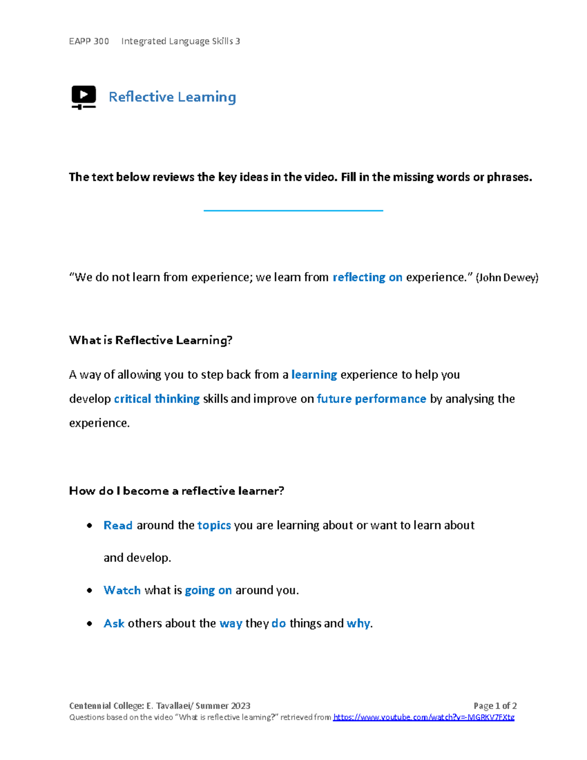 Video - Reflective Learning - Note-Taking Outline - Sample Notes - EAPP ...