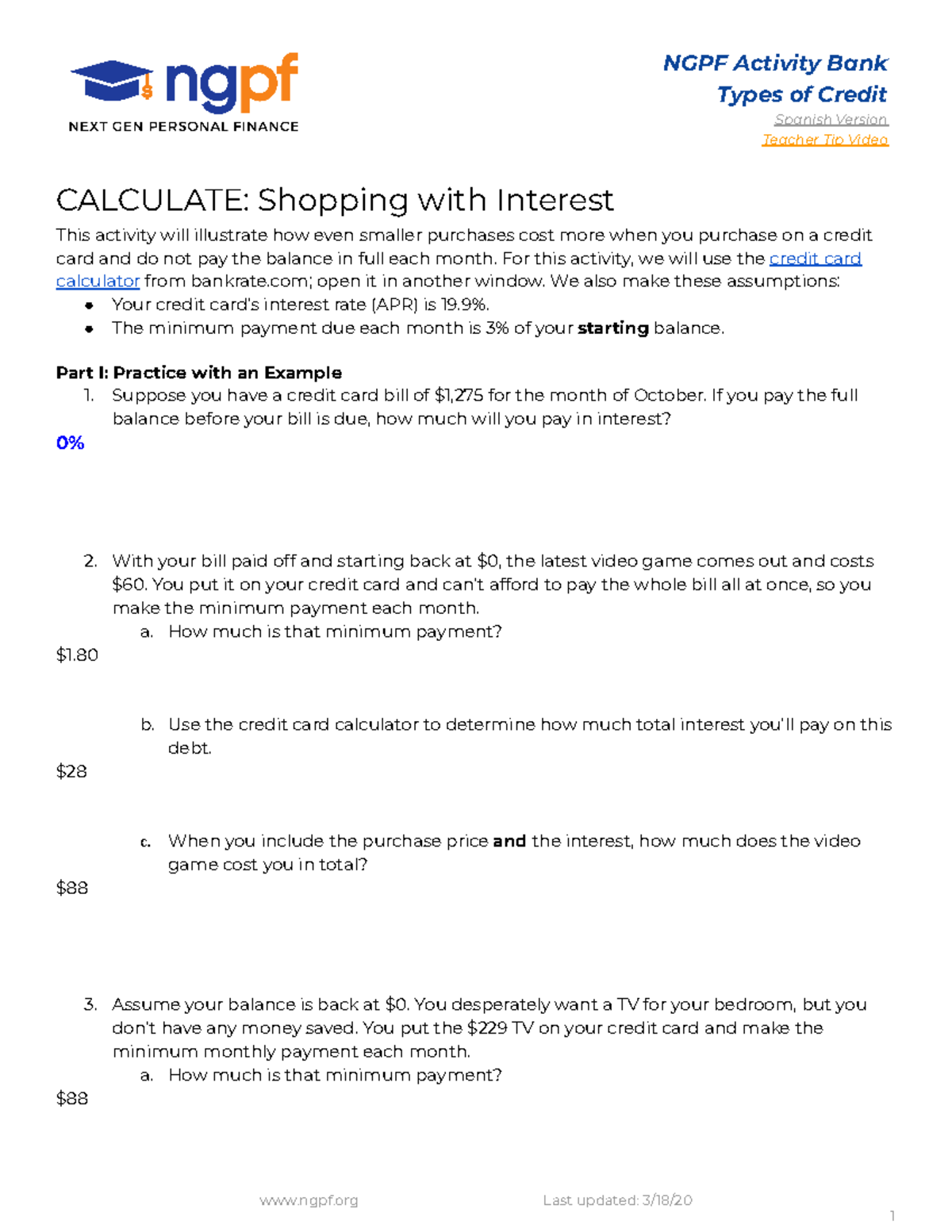 Copy of Calculate Shopping with Interest - NGPF Activity Bank Types of ...