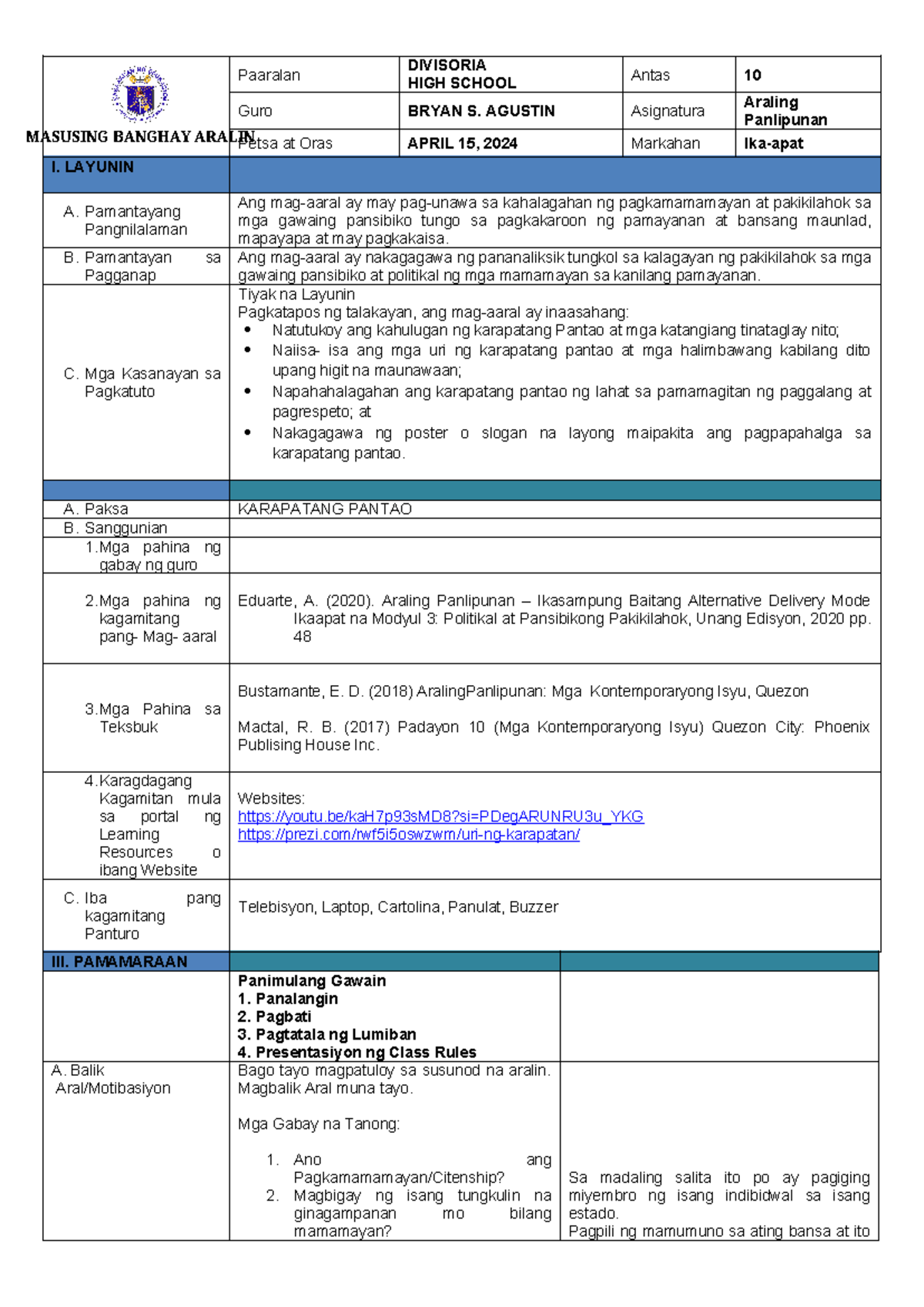 1DLP AP10 Karapatang Pantao - Paaralan DIVISORIA HIGH SCHOOL Antas 10 ...