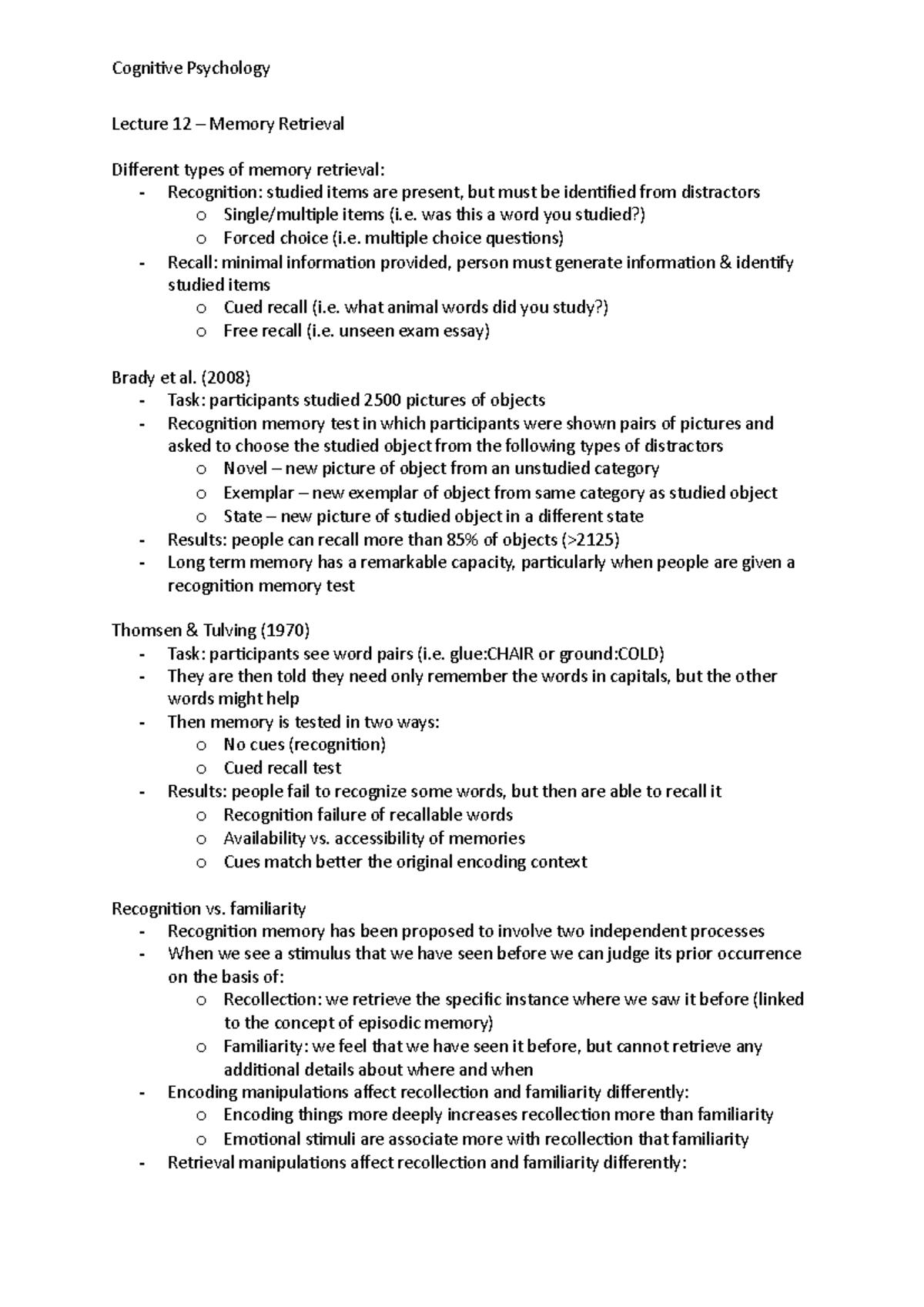 Lecture 12 – Memory Retrieval - Cognitive Psychology Lecture 12 ...
