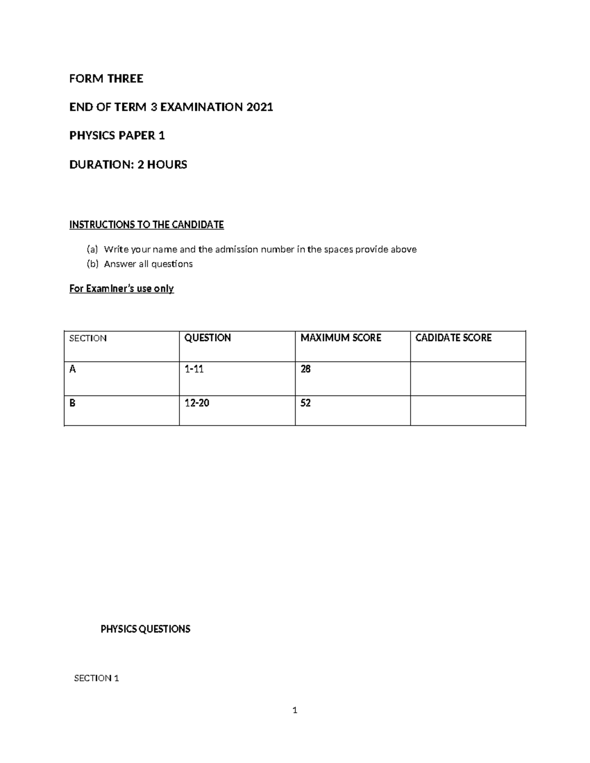 Physics Paper 1 Questions F3 2021 TERM 3 - FORM THREE END OF TERM 3 ...
