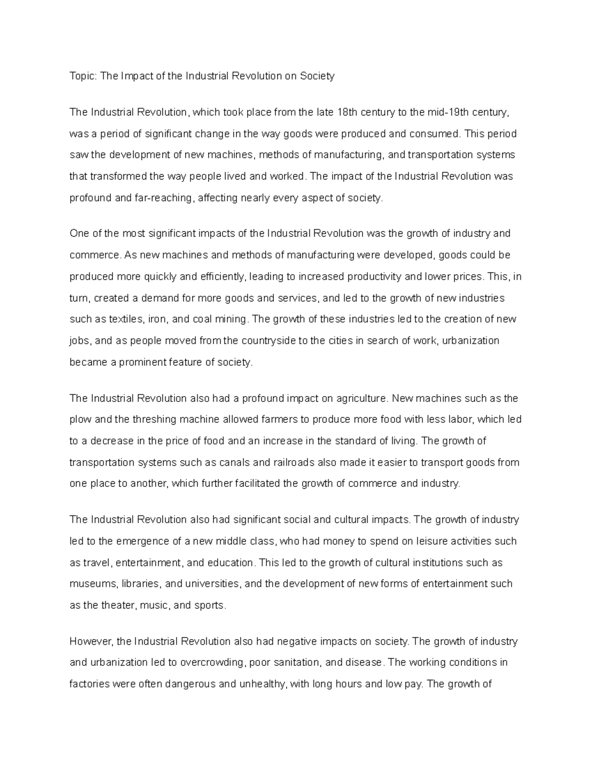 Topic The Impact of the Industrial Revolution on Society - This period ...