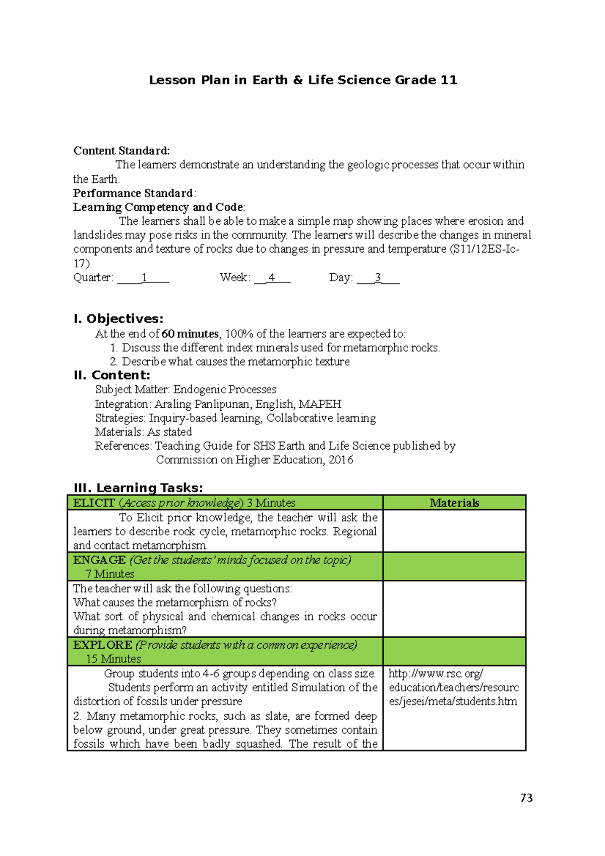 LC 17 - ... - Lesson Plan in Earth & Life Science Grade 11 Erlinda A ...