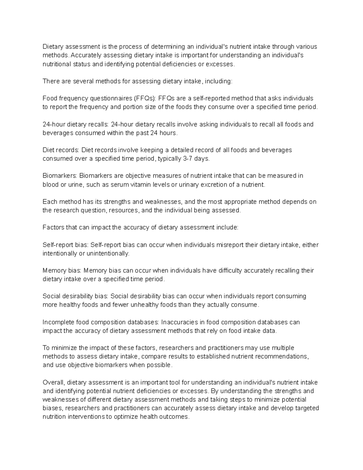 Dietary Assessment Methods Notes - Dietary assessment is the process of ...