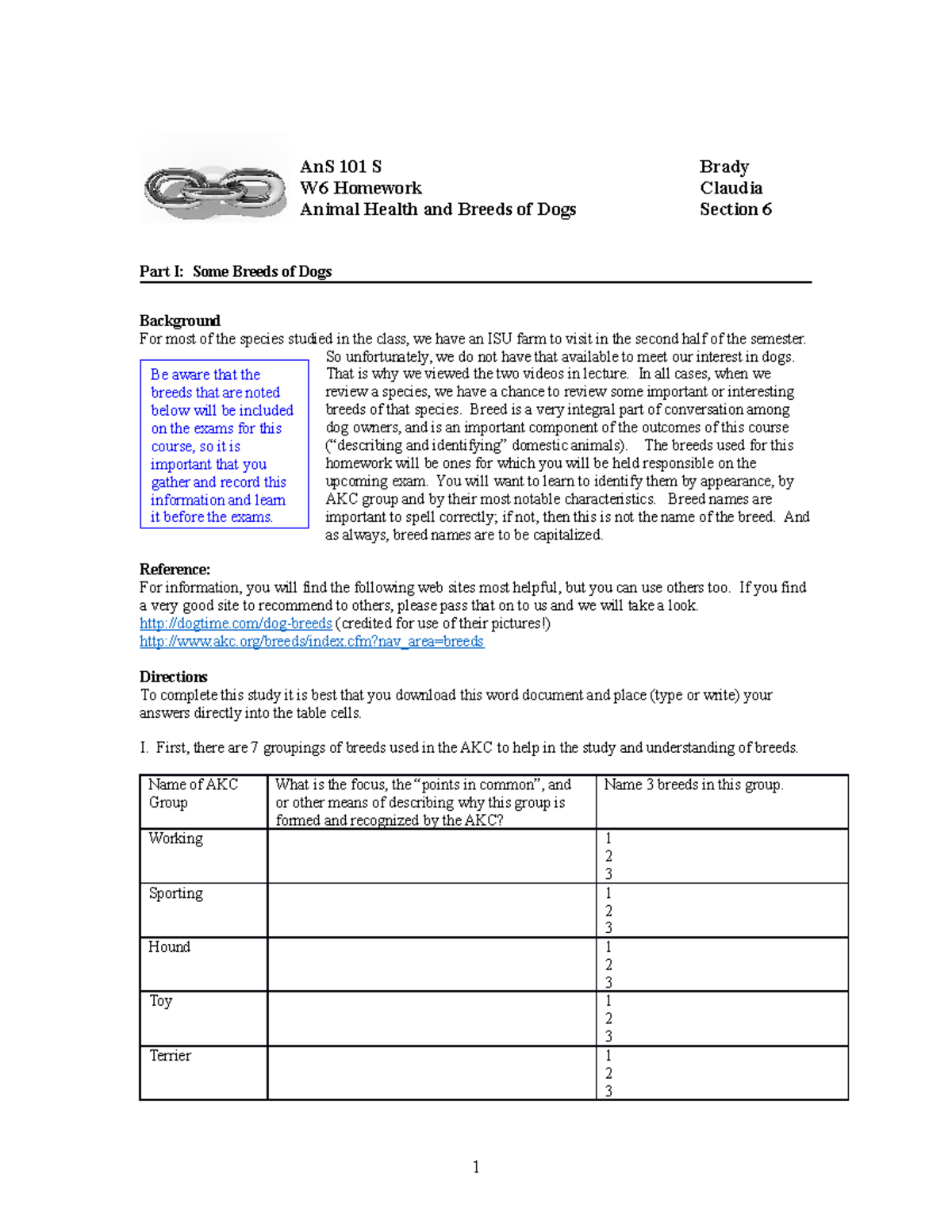 W6 HW On Dog Breeds & Animal Health F17 - AnS 101 S W6 Homework Animal ...