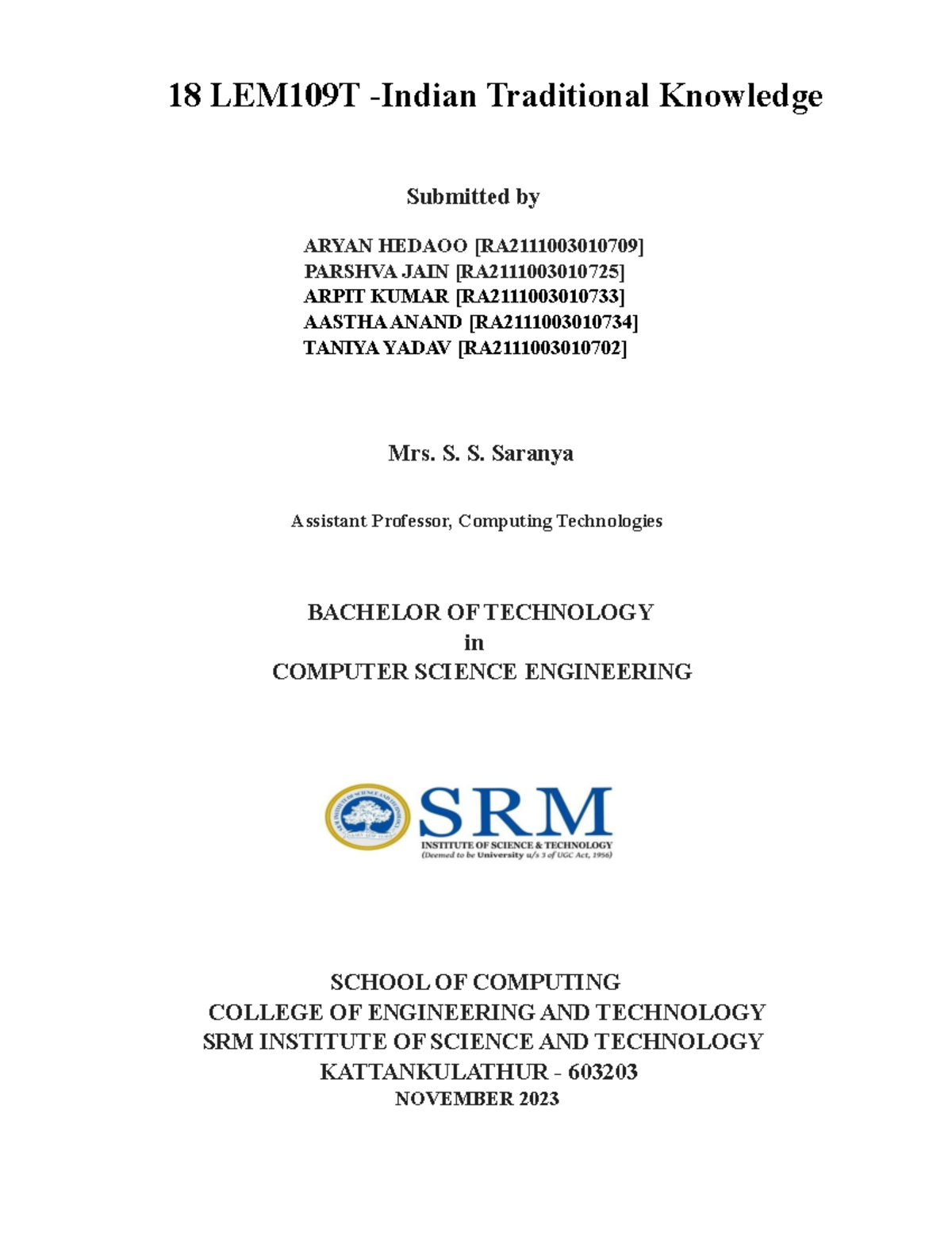 ITK Project Report ( Final)-1-2 - 18 LEM109T - Indian Traditional ...