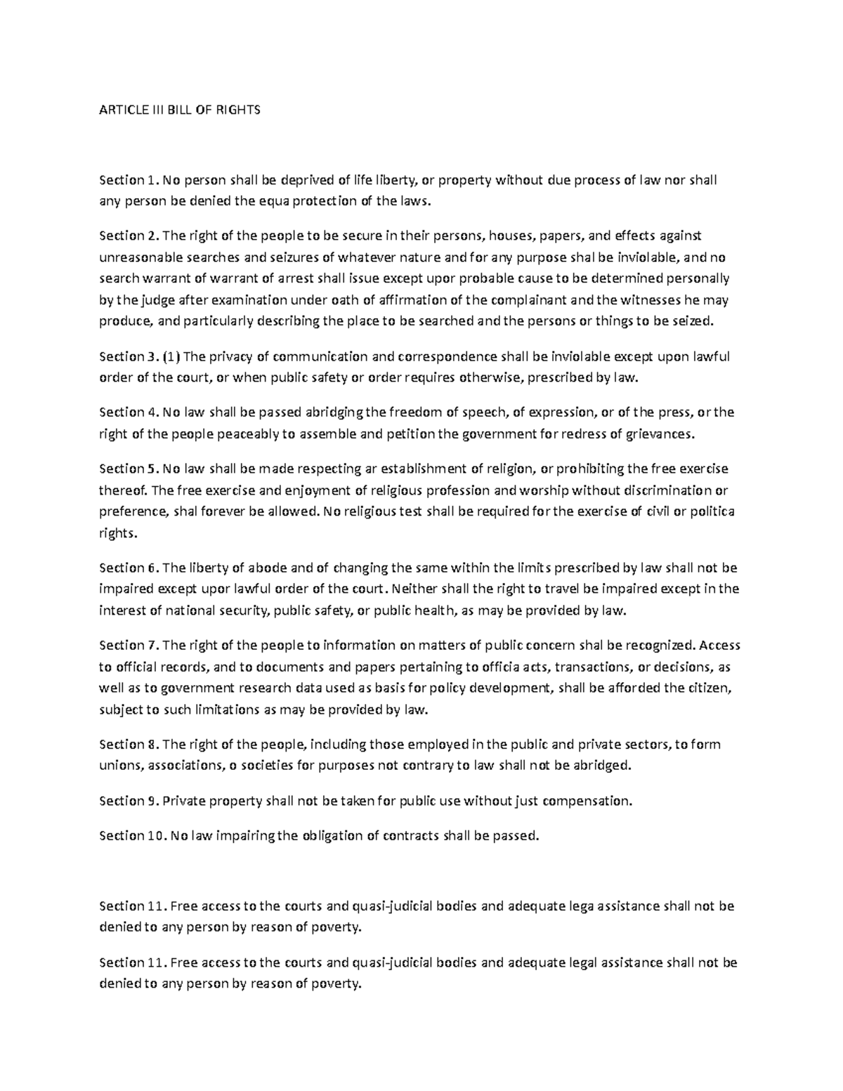 Article III BIL-WPS Office - ARTICLE III BILL OF RIGHTS Section 1. No ...