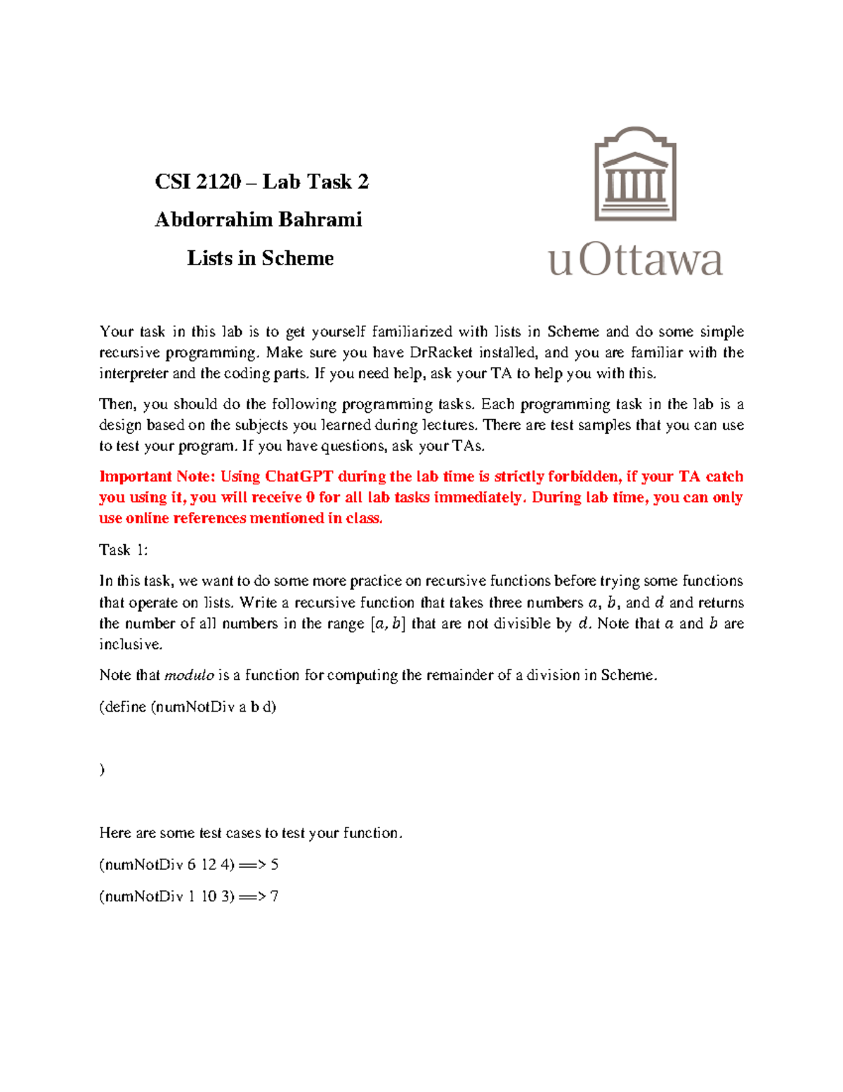 Lab Task 2 Lists Scheme Thursday Labs - CSI 2120 – Lab Task 2 Abdorrahim Bahrami Lists in Scheme ...