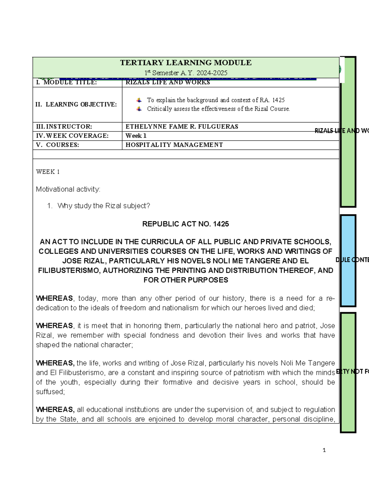 RL WEEK 1 Module - summary - RIZALS LIFE AND WO V. MODULE CONTE TCSF ...
