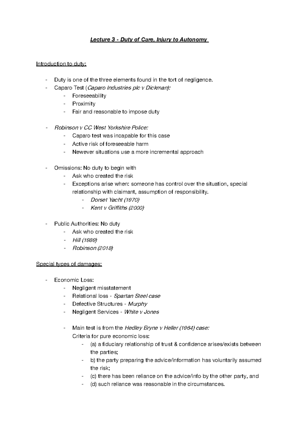 Lecture 3 - Duty of Care, Injury to Autonomy - Lecture 3 - Duty of Care ...