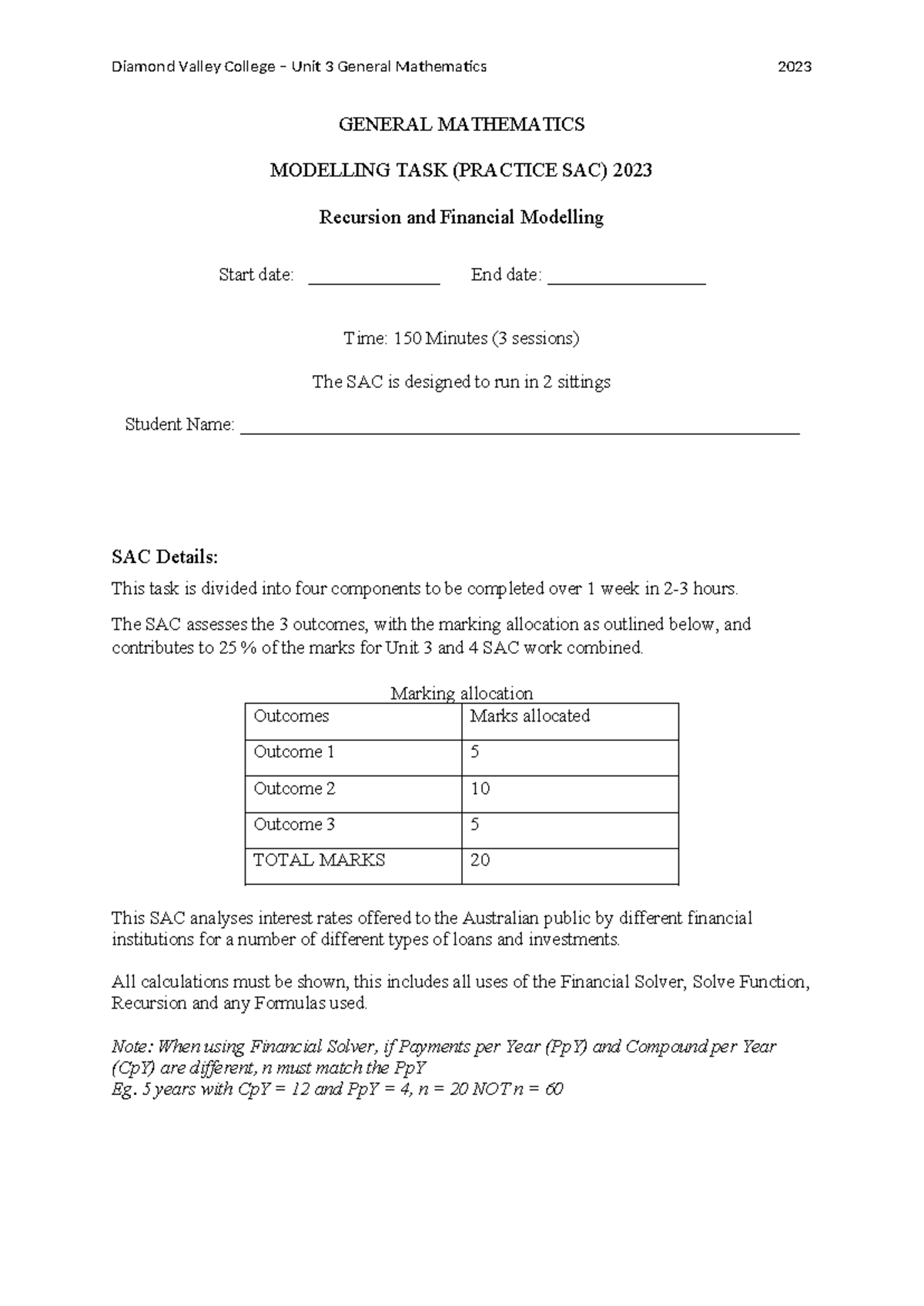 2023.GM34 Ao S 2 Practice SAC - GENERAL MATHEMATICS MODELLING TASK ...