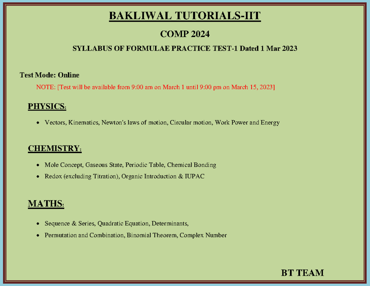 Syllabus Formulae Based Practice Test 1 COMP2024 BAKLIWAL TUTORIALS syllabus-formulae-based-practice-test-1-comp2024-bakliwal-tutorials