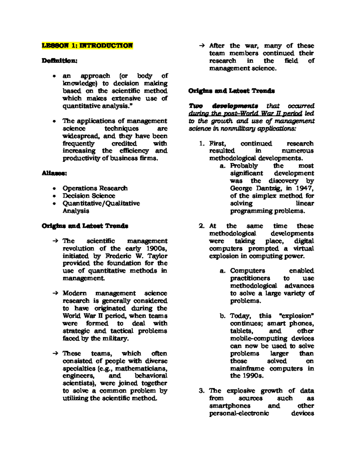Mansci Lesson-1-to-4 - Management Science - LESSON 1: INTRODUCTION ...