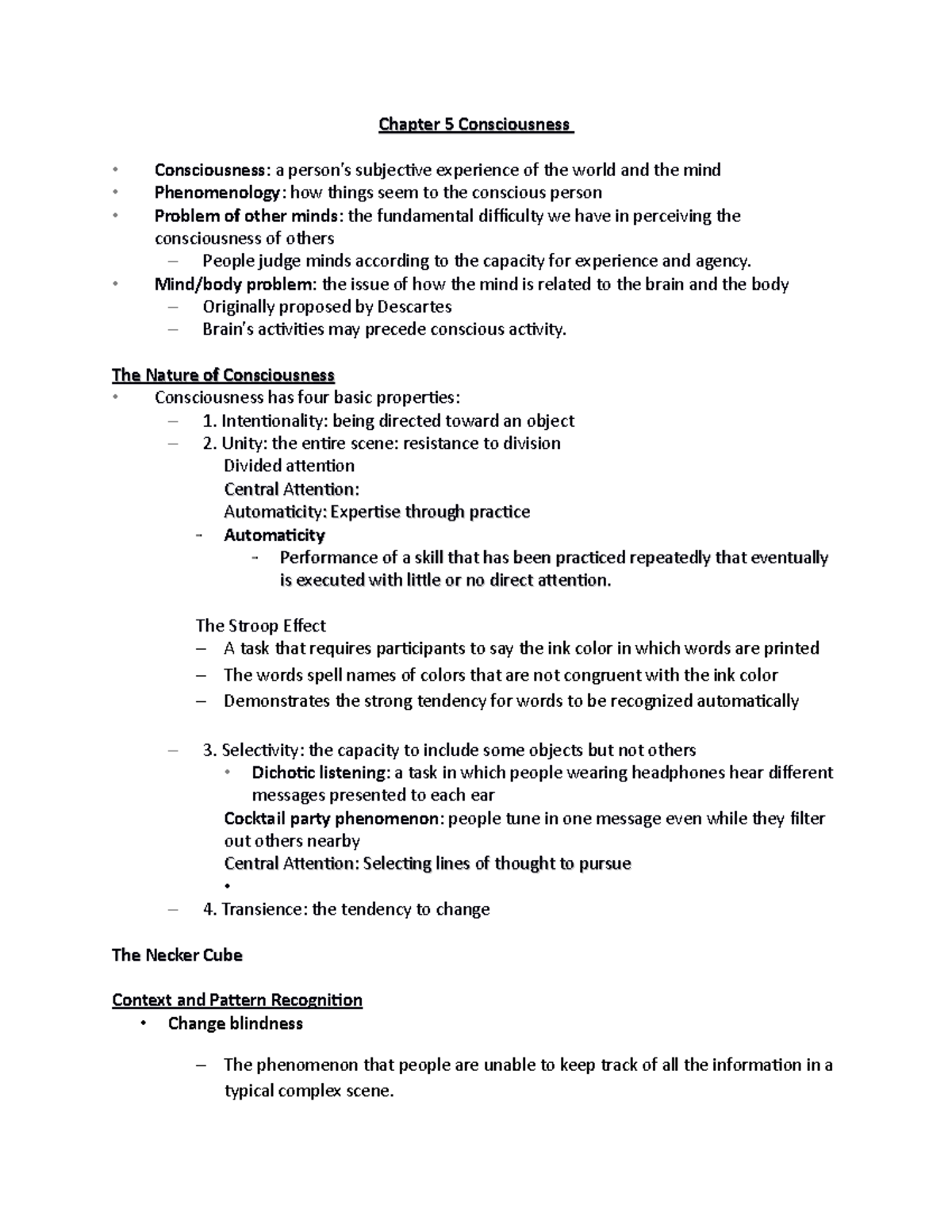 Chapter 5 Notes - Dr. Cousins - Chapter 5 ConsciousnessChapter 5 ...