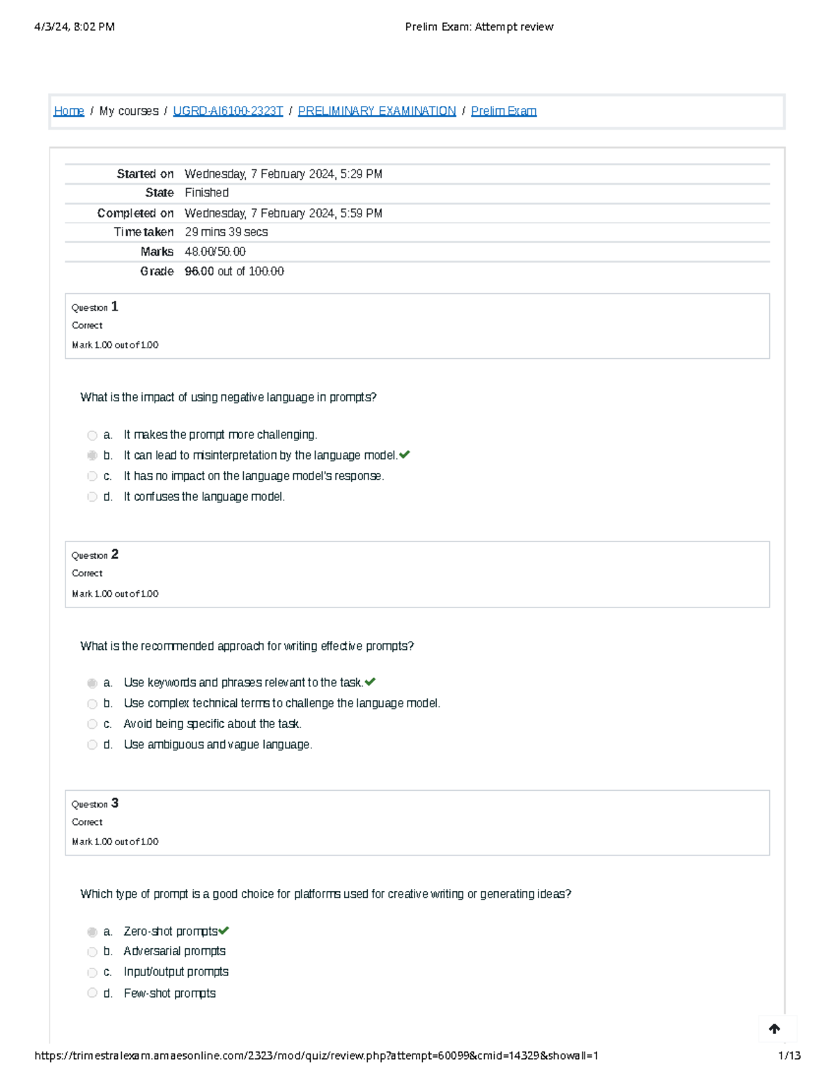Prelim Exam Attempt review - Home / My courses / UGRD-AI6100-2323T / PRELIMINARY EXAMINATION ...