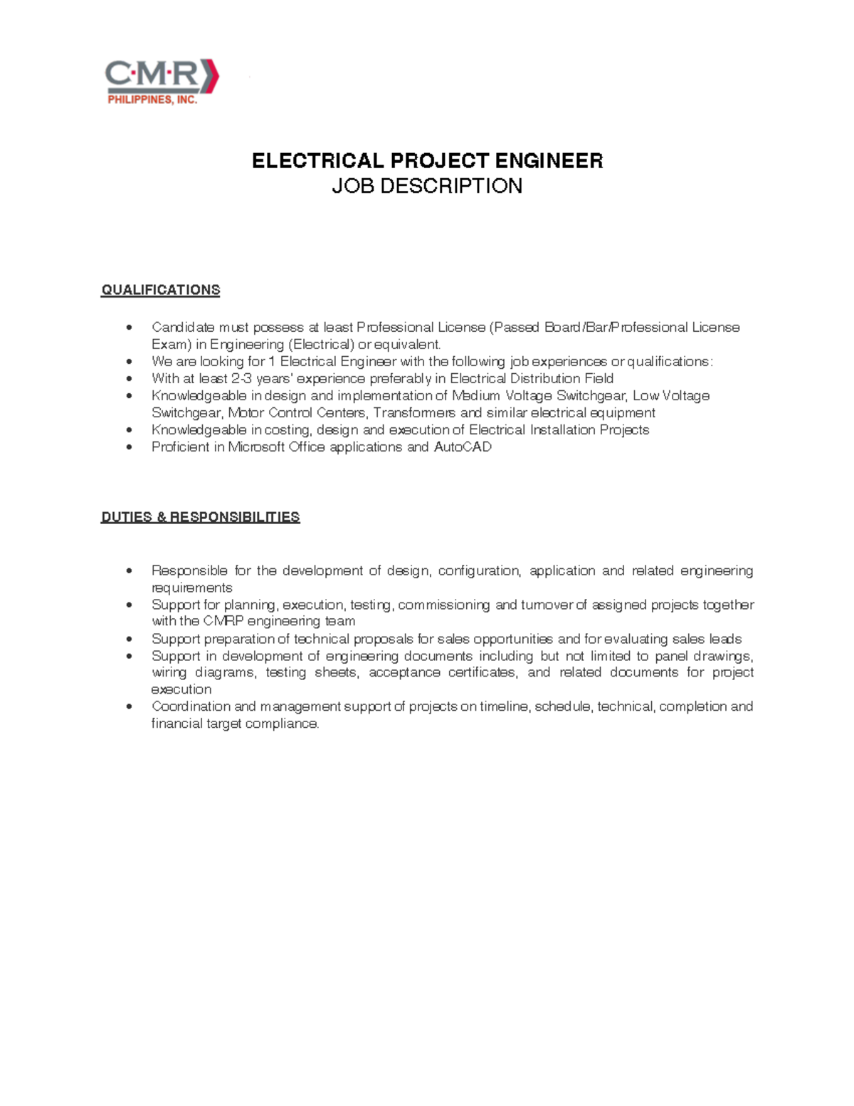 JOB- Descriptions CMRP- Openings-AS-OF-SEP-5 - ELECTRICAL PROJECT ...