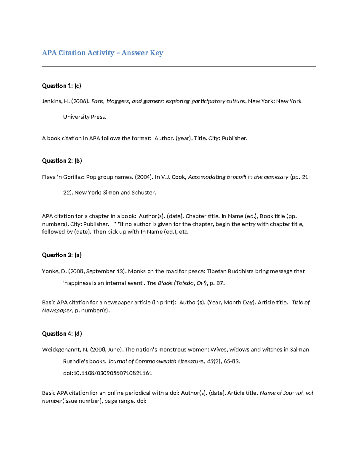 APA Citation Activity Answer Key - APA Citation Activity – Answer Key ...