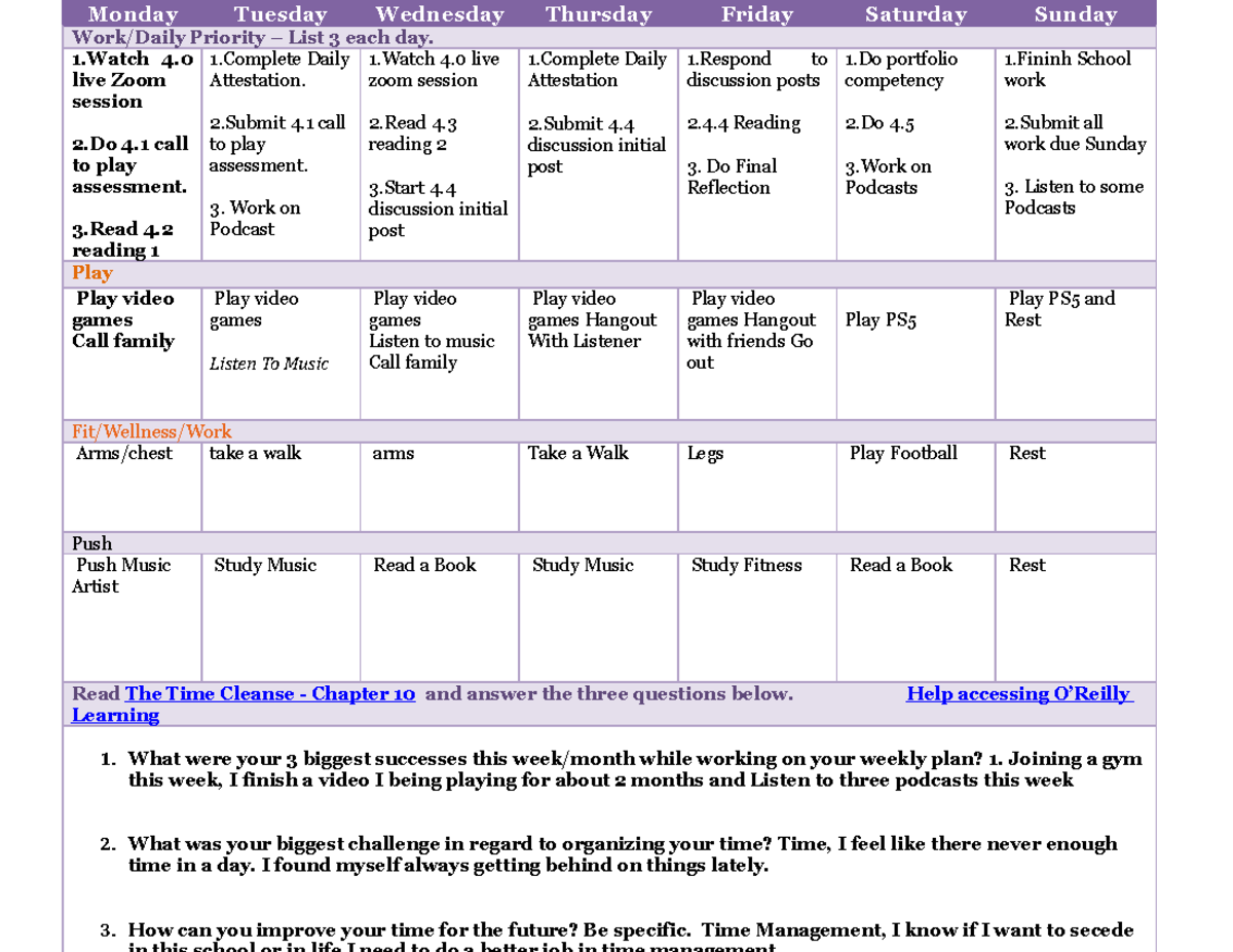 Taurian Collins 's Weekly Plan – Week 4 - Monday Tuesday Wednesday ...