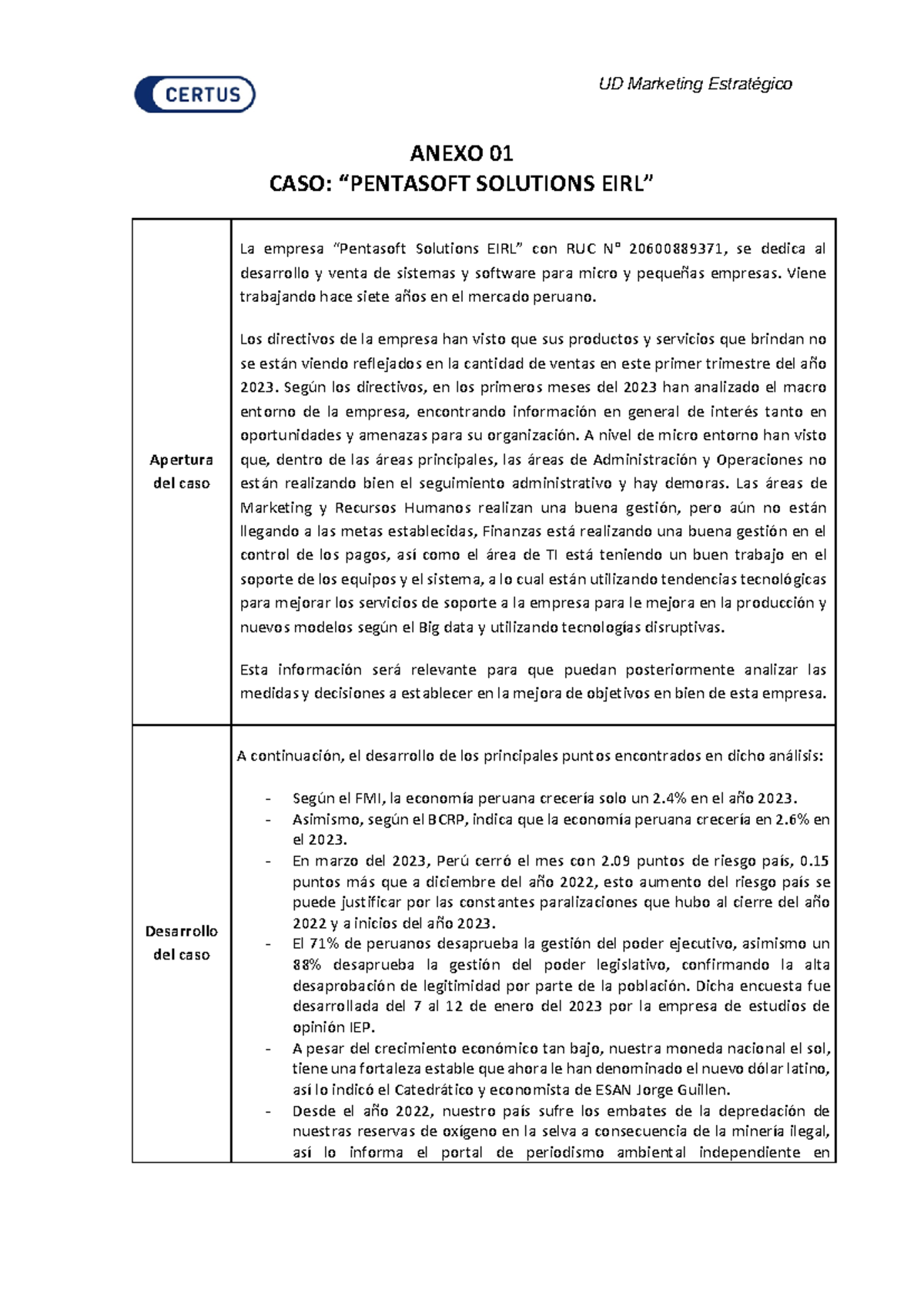 Evidencia 1 - LINEAMIENTOS AA1 - UD Marketing Estratégico ANEXO 01 CASO: “PENTASOFT SOLUTIONS ...